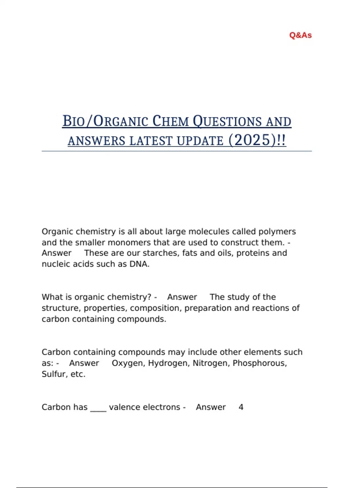 BIO-ORGANIC CHEM QUESTIONS AND ANSWERS LATEST UPDATE (2025)!! - BIO ...