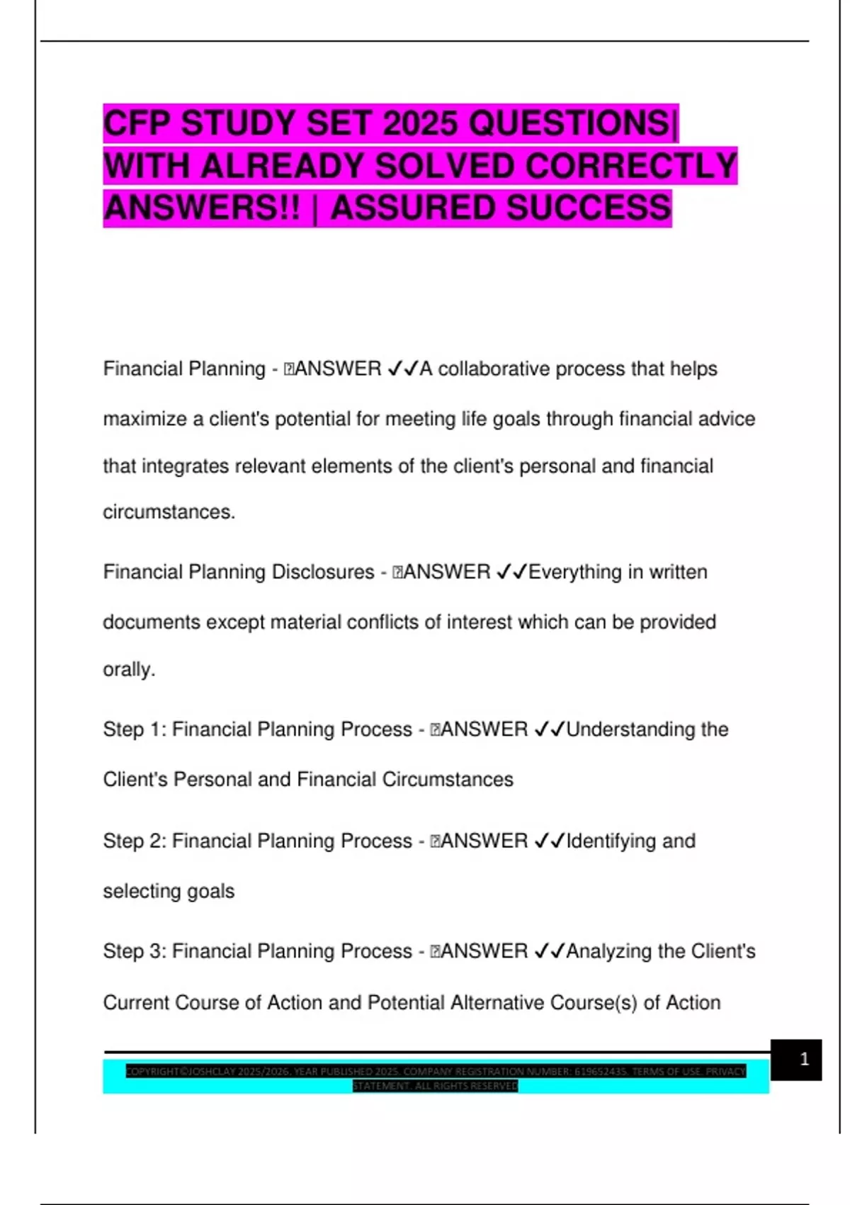 CFP STUDY SET 2025 QUESTIONS| WITH ALREADY SOLVED CORRECTLY ANSWERS!! | ASSURED SUCCESS - CFP ...