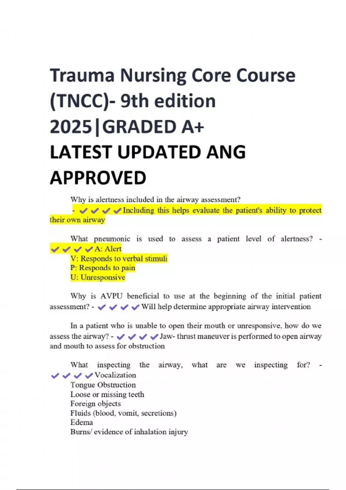 Trauma Nursing Core Course (TNCC)- 9th edition 2025|GRADED A+ LATEST ...