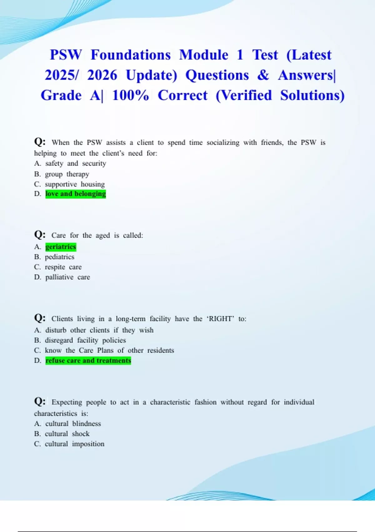 PSW Foundations Module 1 Test (Latest 2025/ 2026 Update) Questions ...
