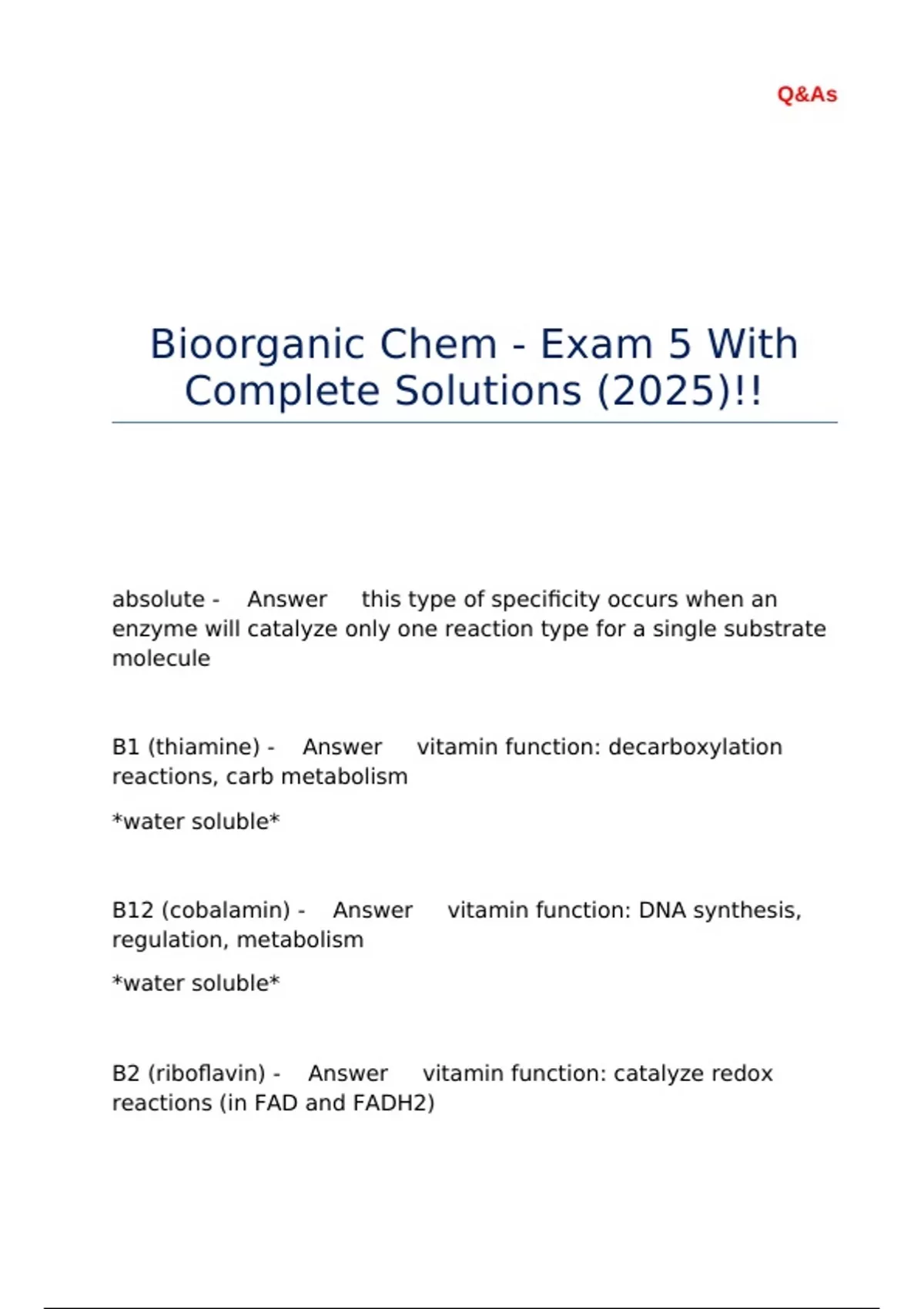 Bioorganic Chem - Exam 5 With Complete Solutions (2025)!! - Bio/Organic ...