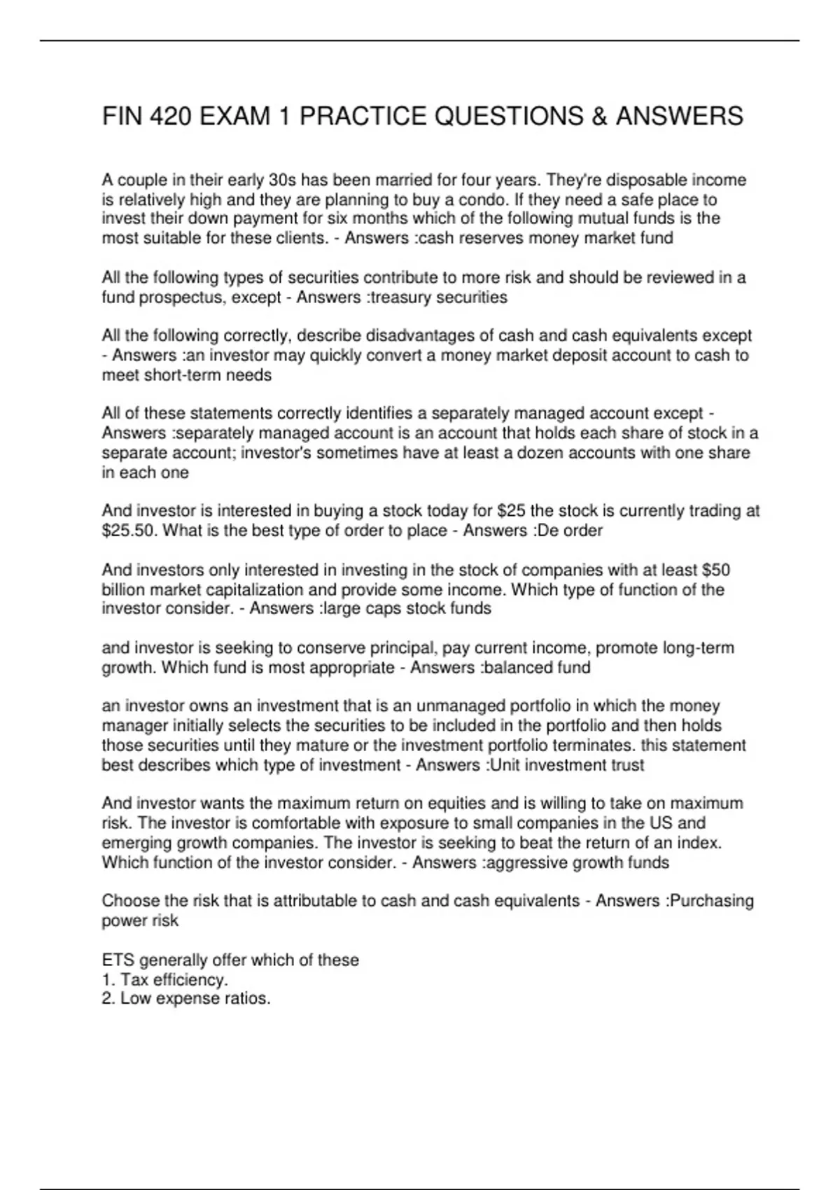 FIN 420 EXAM 1 PRACTICE QUESTIONS & ANSWERS - FIN 420 - Stuvia US