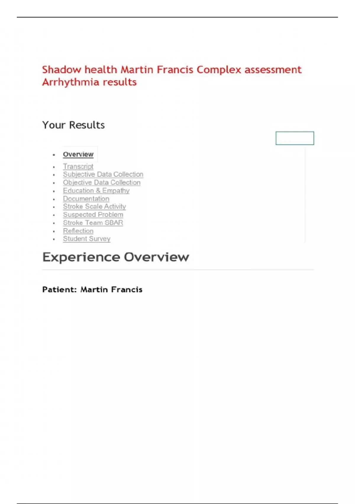 Shadow health Martin Francis Complex assessment Arrhythmia results|2025 ...