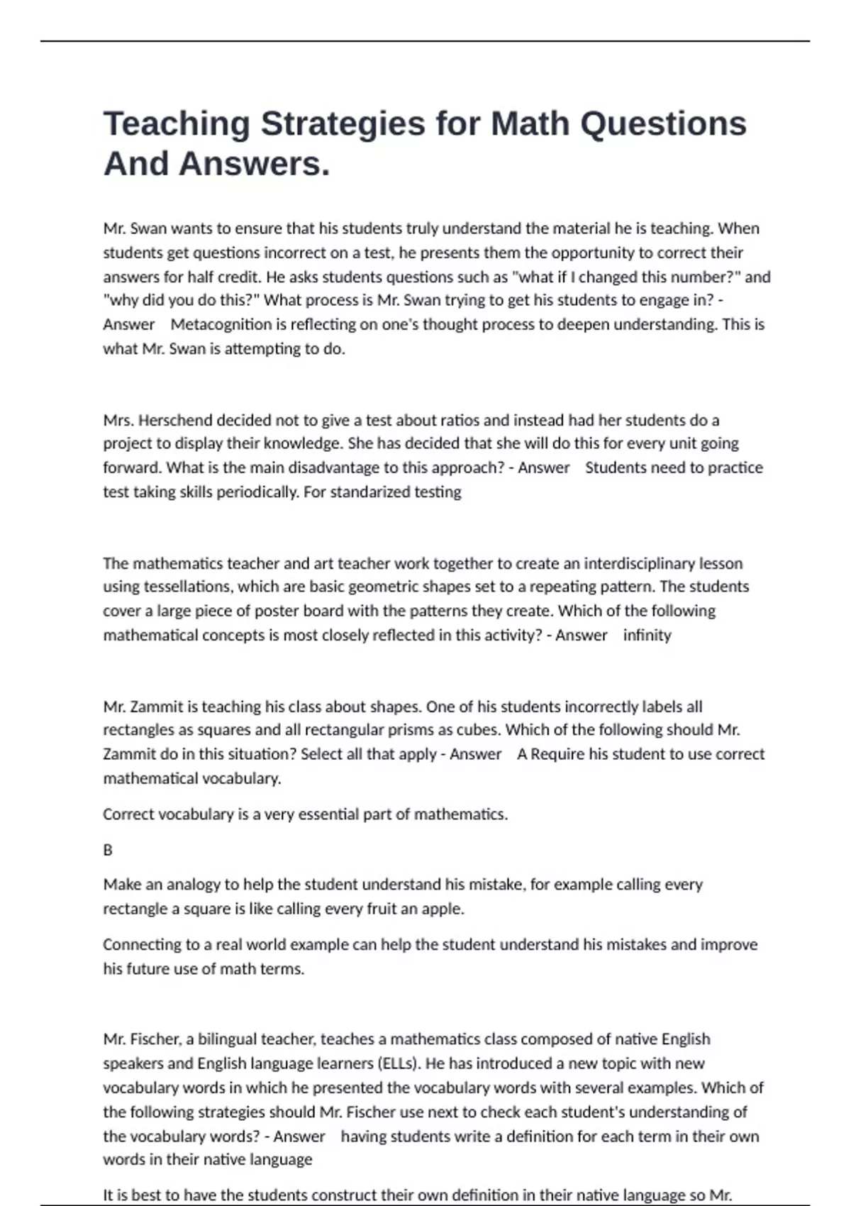 Teaching Strategies for Math Questions And Answers. - MTH CALCULUS ...