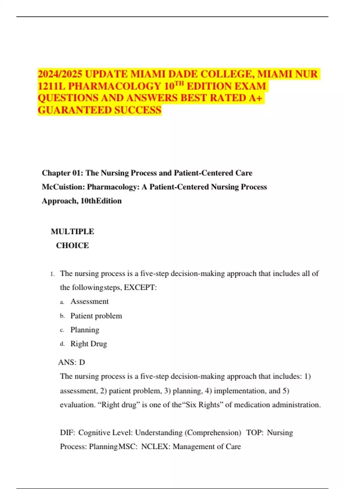 2024/2025 UPDATE MIAMI DADE COLLEGE, MIAMI NUR 1211L PHARMACOLOGY 10TH ...