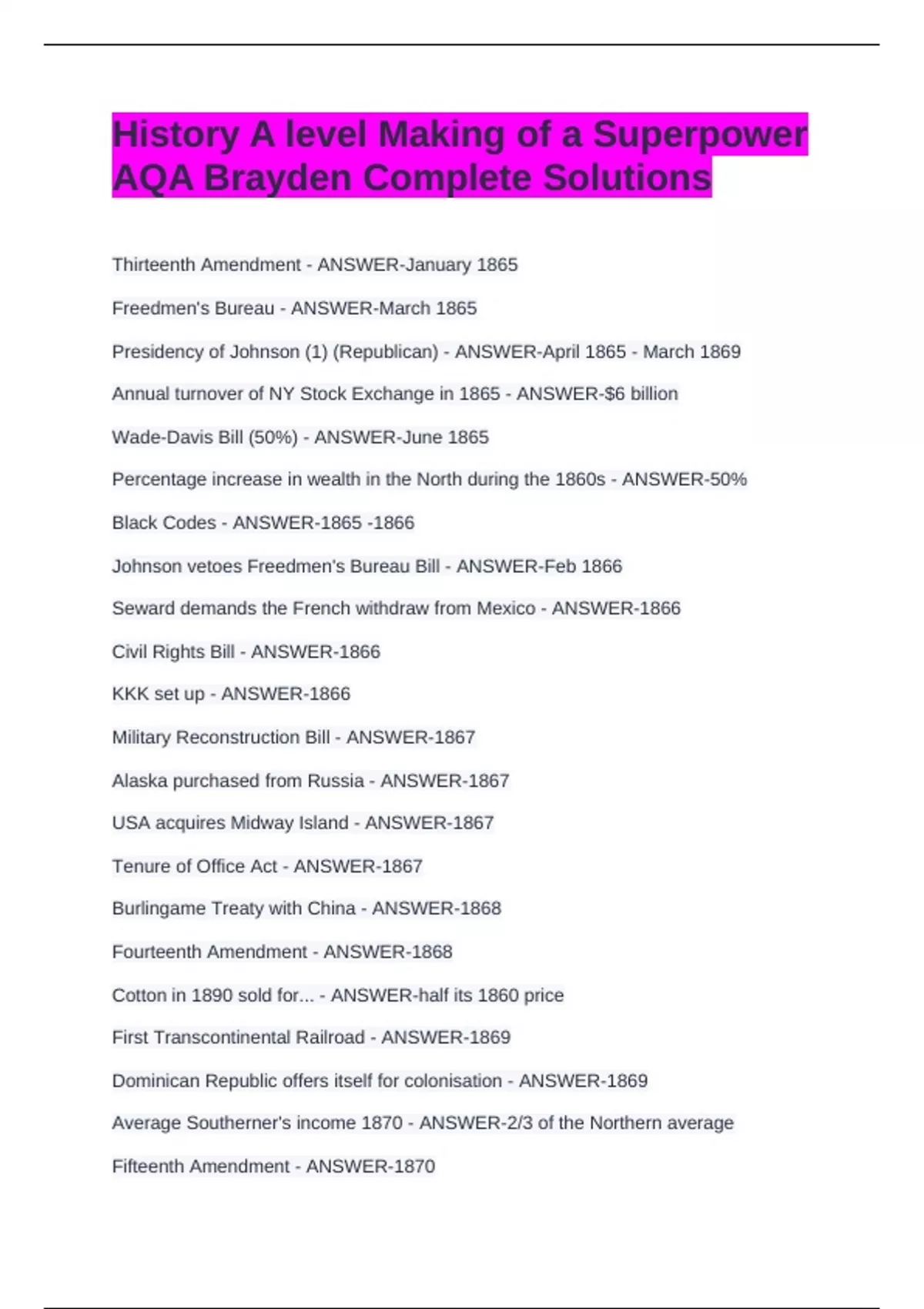 History A level Making of a Superpower AQA Brayden Complete Solutions ...