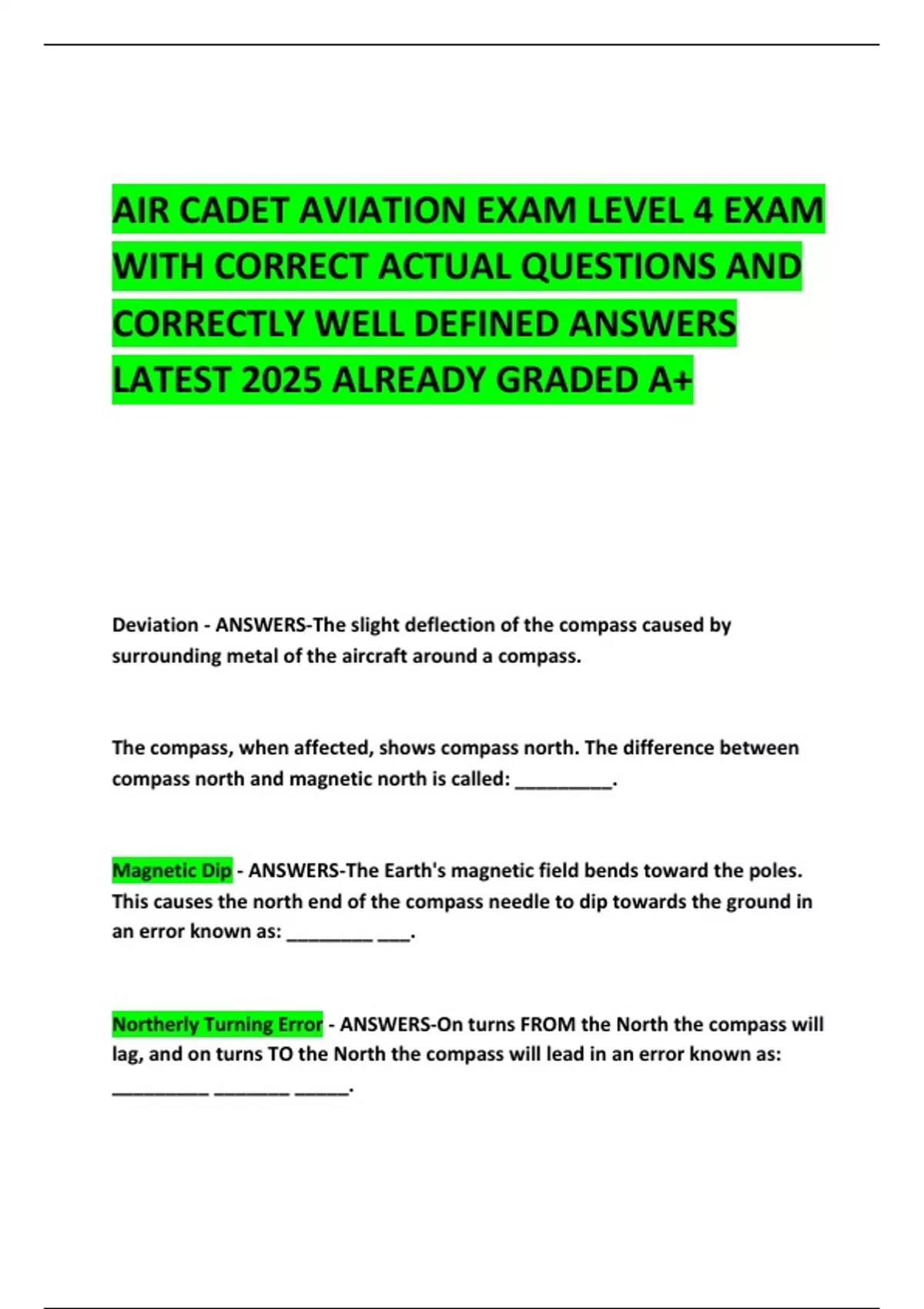 AIR CADET AVIATION EXAM LEVEL 4 EXAM WITH CORRECT ACTUAL QUESTIONS AND ...
