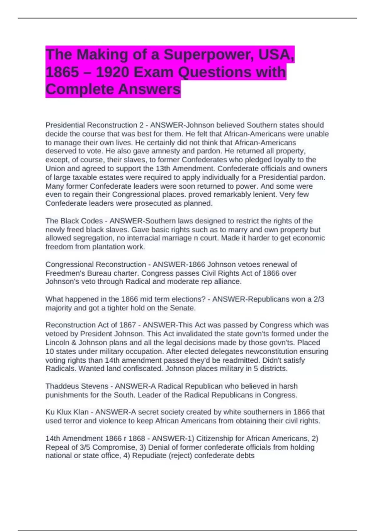 The Making of a Superpower, USA, 1865 – 1920 Exam Questions with ...