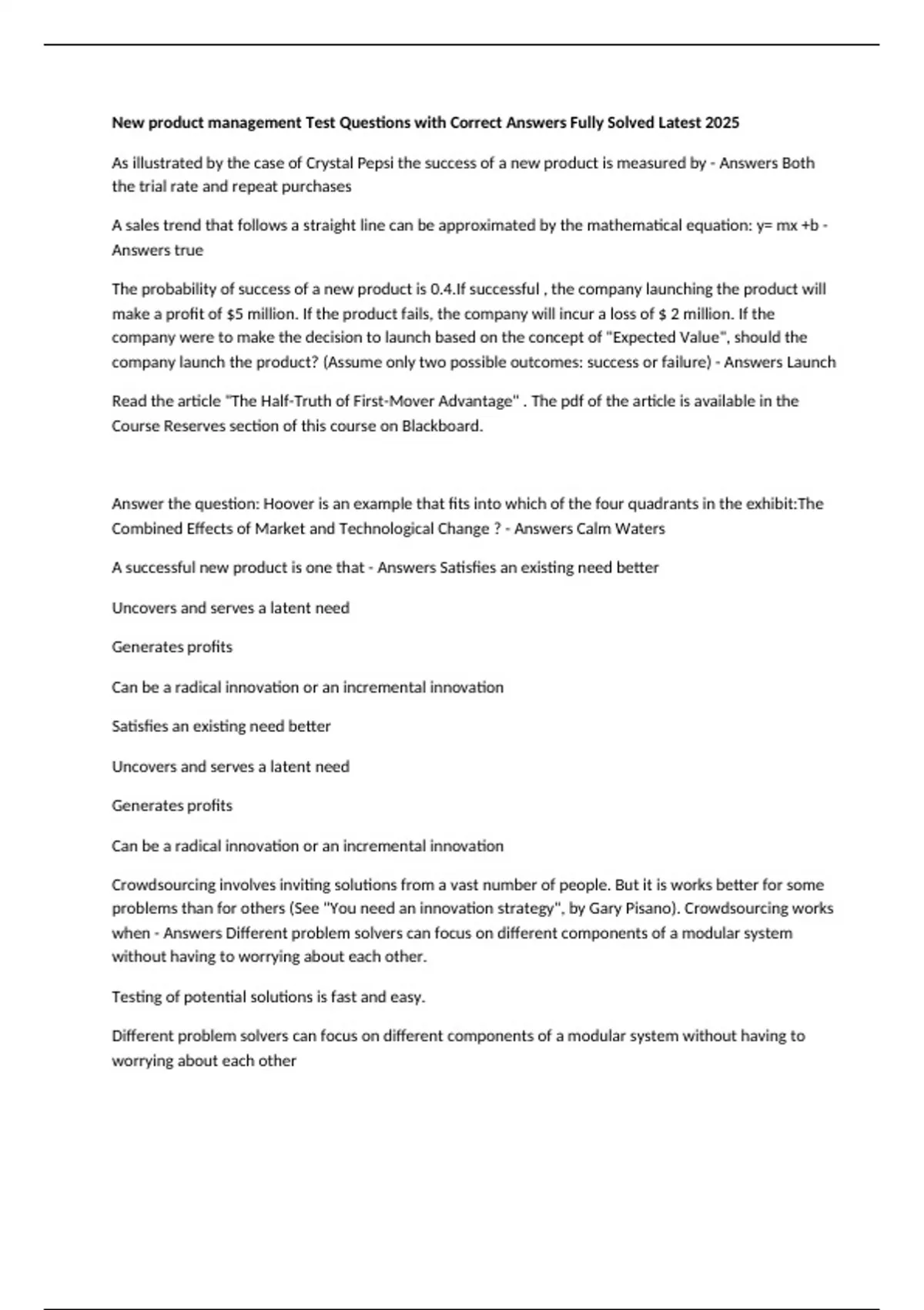 New product management Test Questions with Correct Answers Fully Solved ...