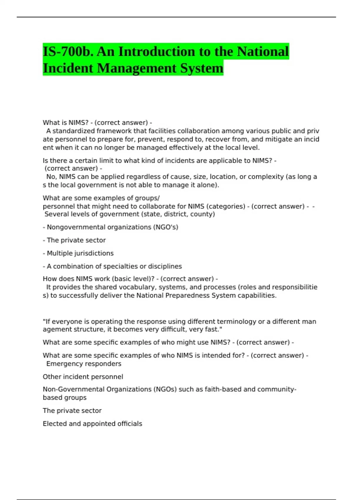 IS-700b. An Introduction to the National Incident Management System ...