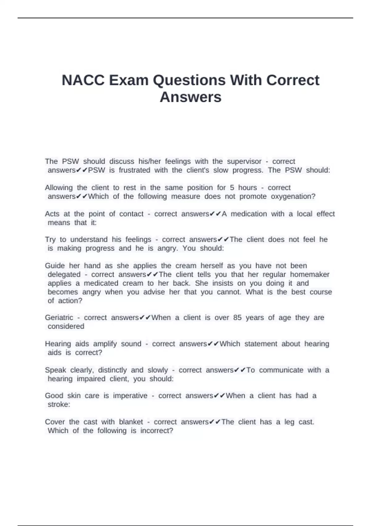 NACC Exam Questions With Correct Answers - NACC PSW - Stuvia US