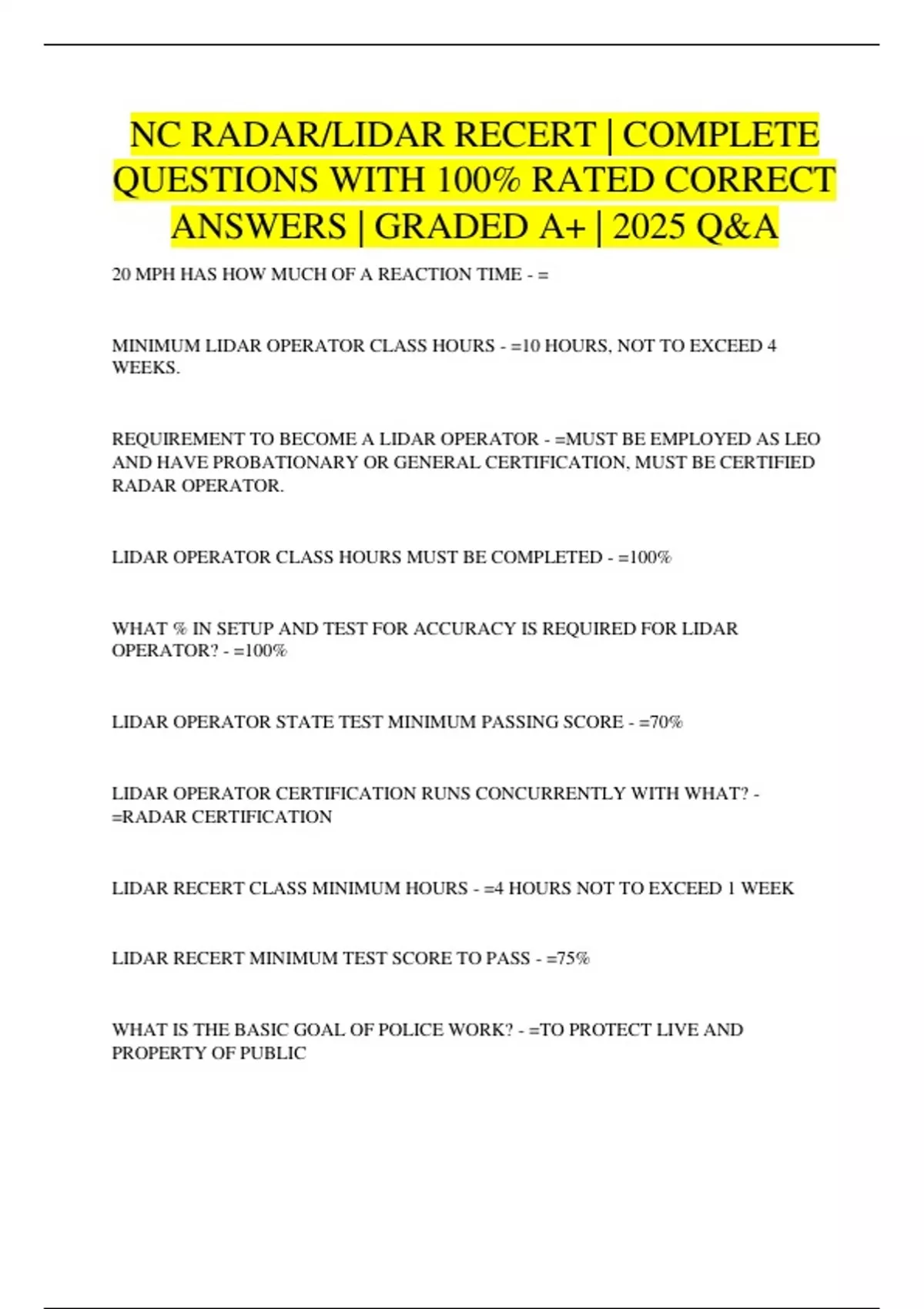 NC RADAR/LIDAR RECERT | COMPLETE QUESTIONS WITH 100% RATED CORRECT ...
