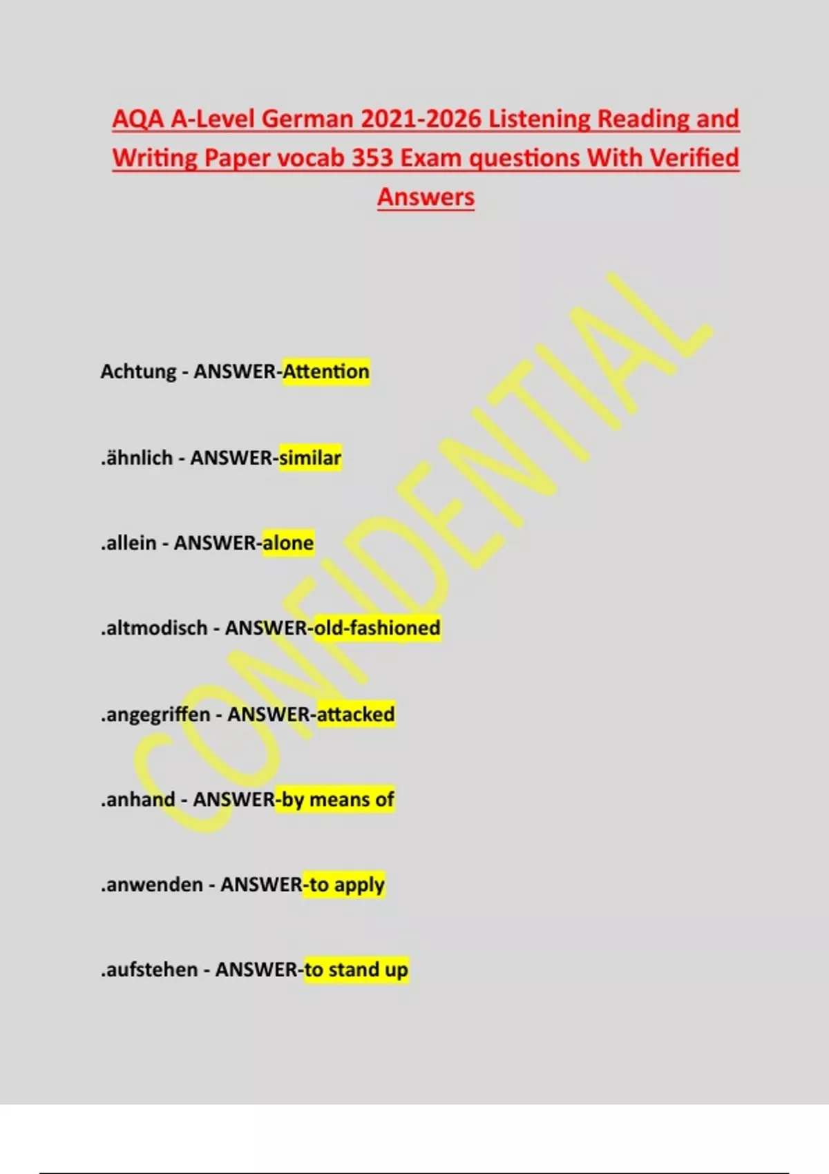 AQA A-Level German Listening Reading and Writing Paper vocab 353 Exam ...