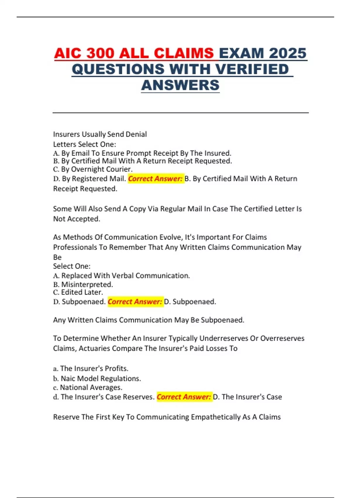 AIC 300 ALL CLAIMS EXAM 2025 QUESTIONS WITH VERIFIED ANSWERS - AIC 300 ...
