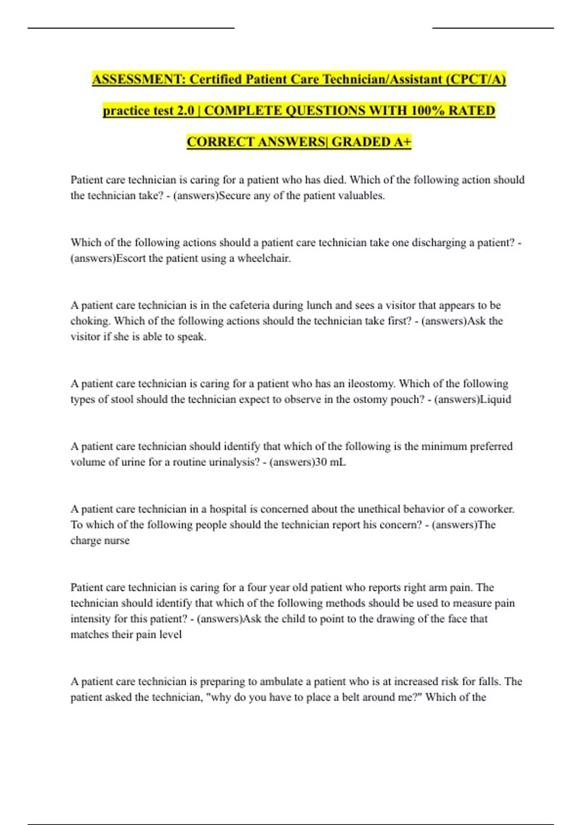 ASSESSMENT: Certified Patient Care Technician/Assistant (CPCT/A ...
