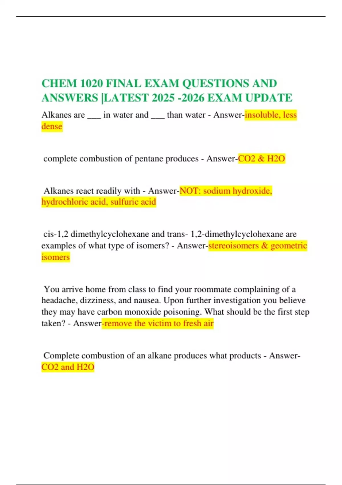 CHEM 1020 FINAL EXAM QUESTIONS AND ANSWERS |LATEST EXAM UPDATE - CHEM ...