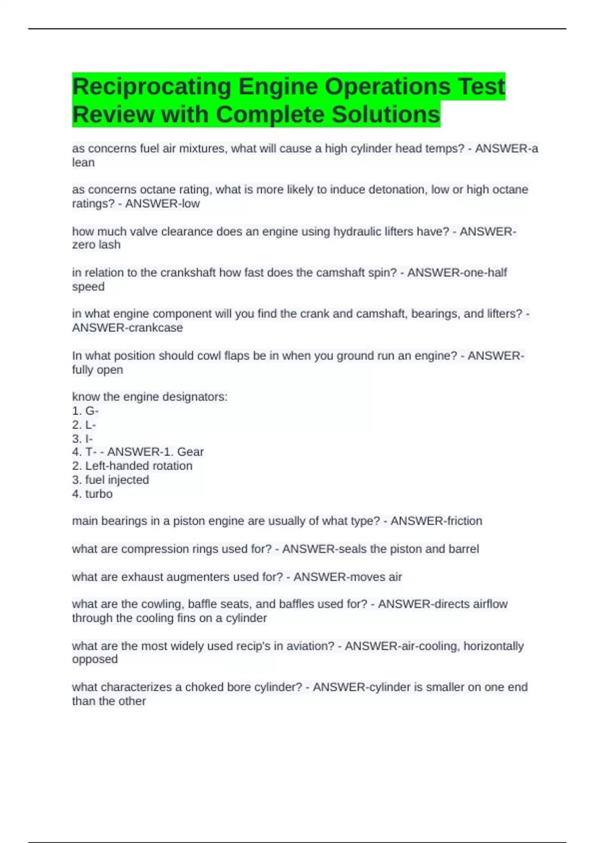 Reciprocating Engine Operations Test Review with Complete Solutions ...