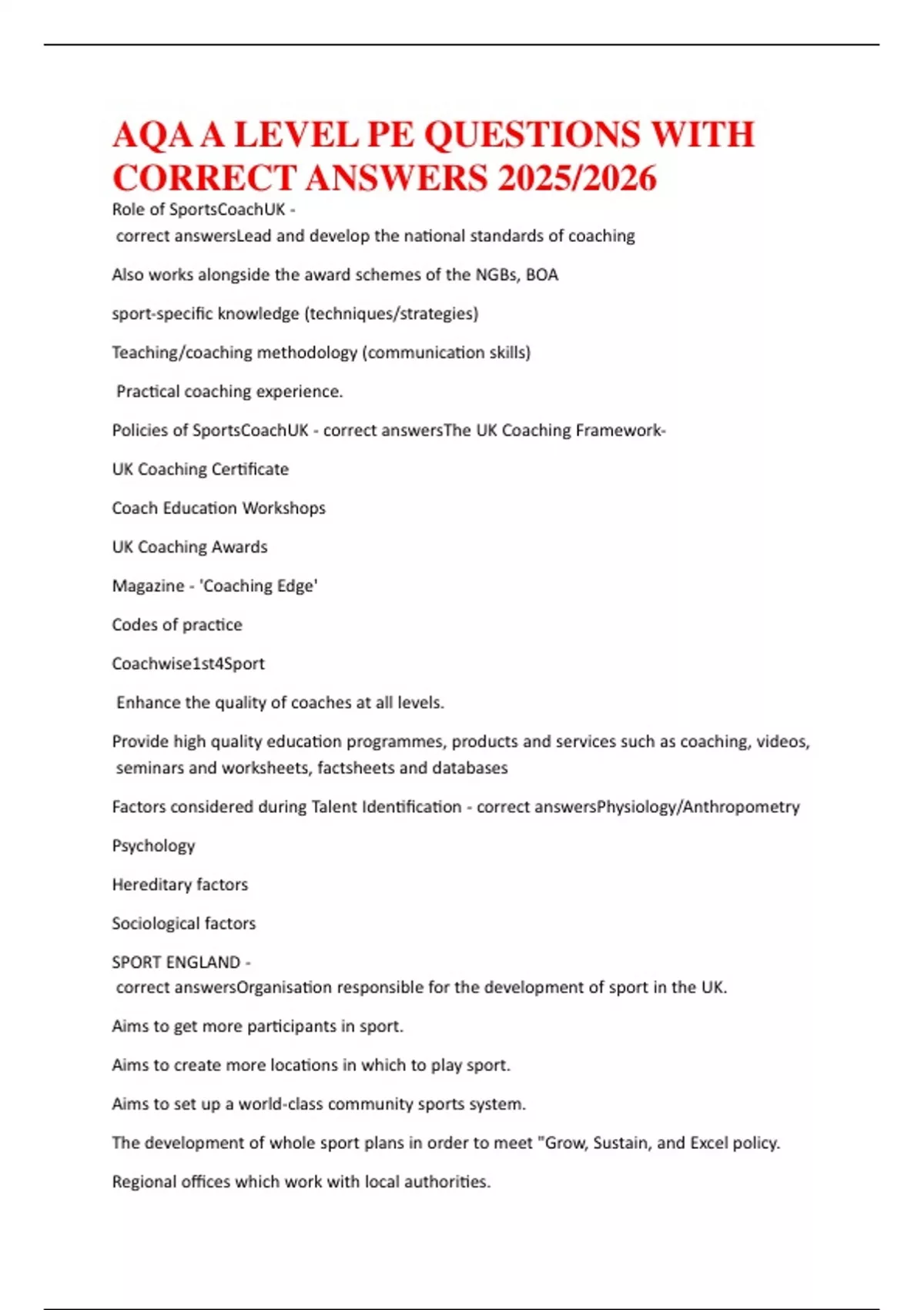 AQA A LEVEL PE QUESTIONS WITH CORRECT ANSWERS 2025 - AQA AS-LEVEL PE 4. ...