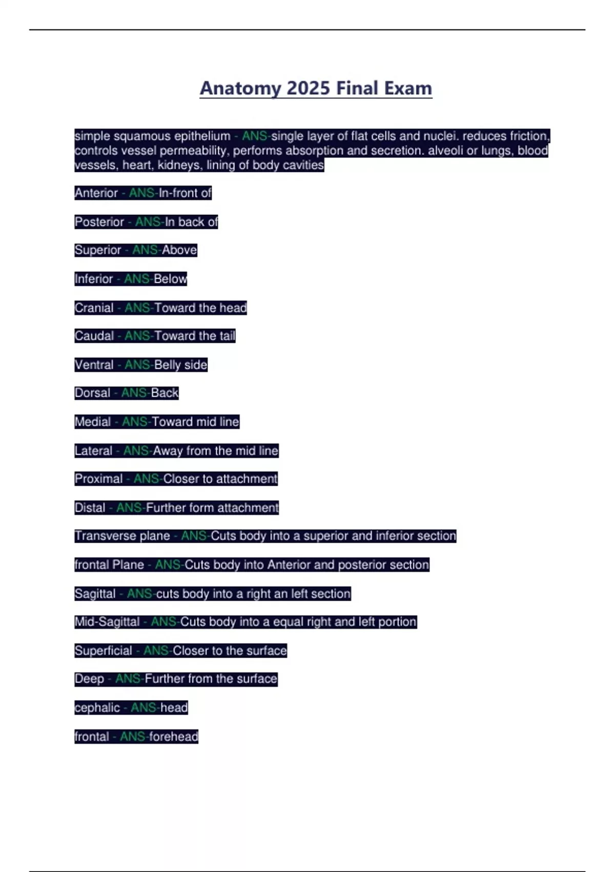 Anatomy 2025 Final Exam - Anatomy - Stuvia US