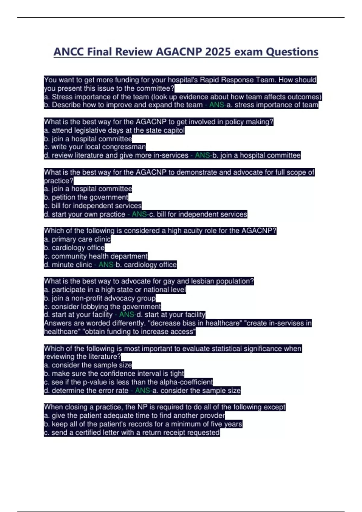 Ancc Final Review Agacnp 2025 Exam Questions Nursing Course Stuvia Us