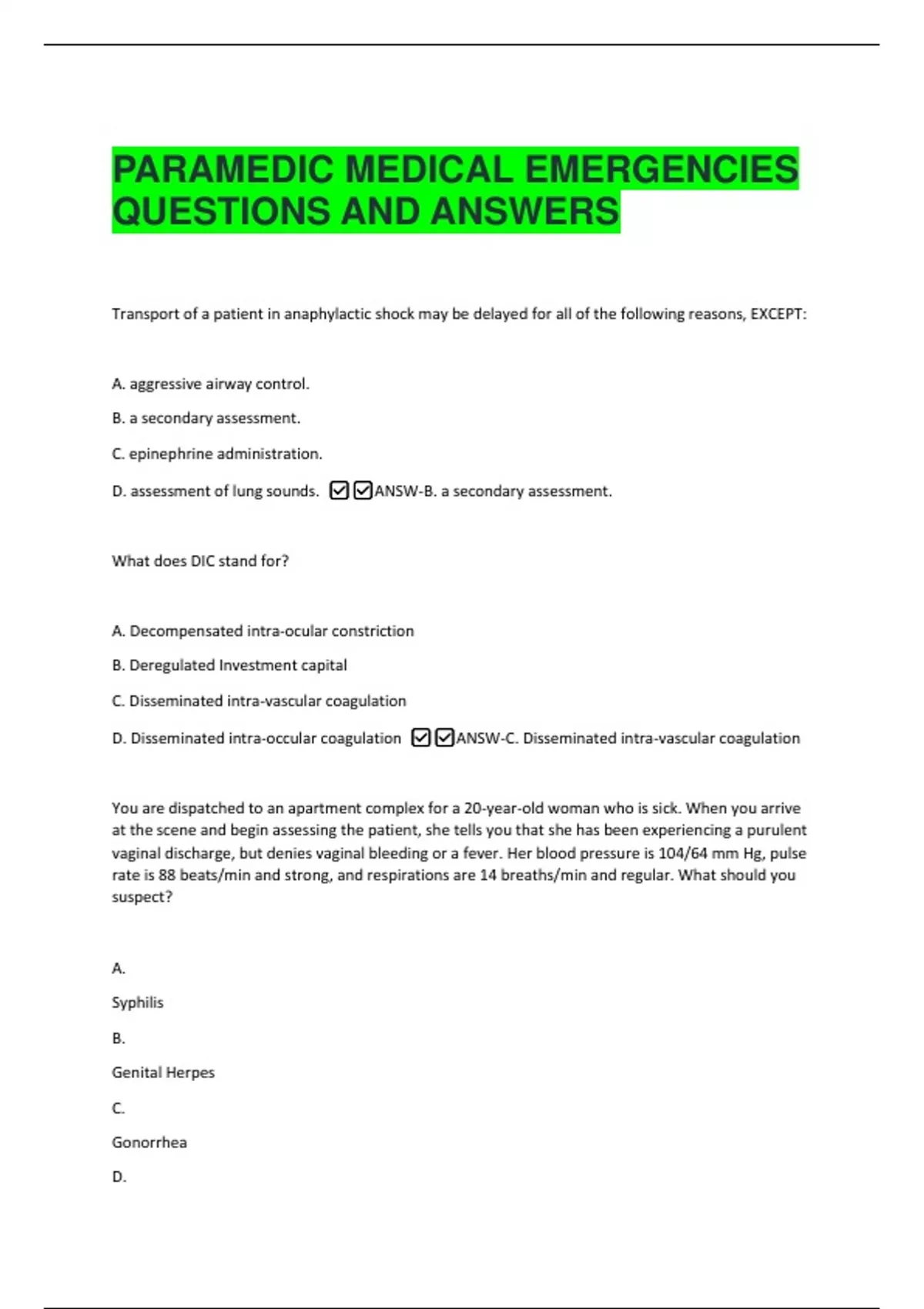 PARAMEDIC MEDICAL EMERGENCIES QUESTIONS AND ANSWERS - PARAMEDIC SCHOOL ...