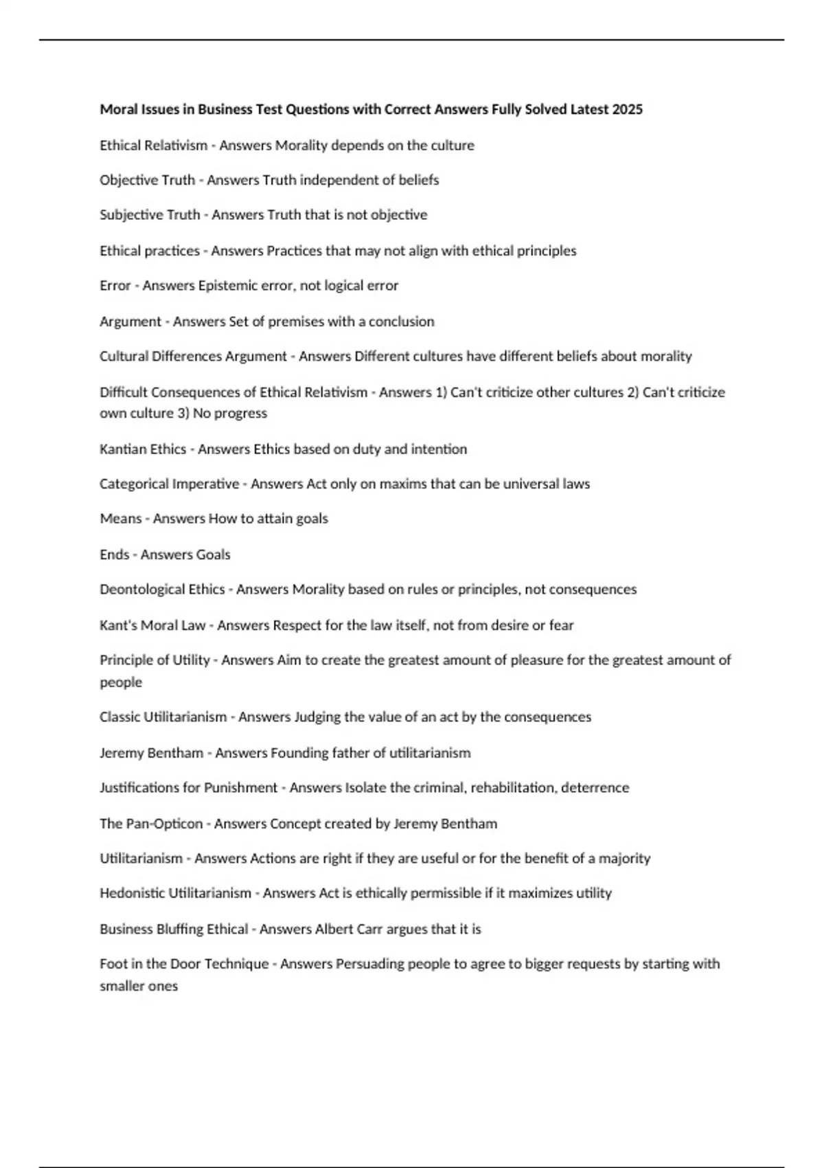 Moral Issues in Business Test Questions with Correct Answers Fully ...