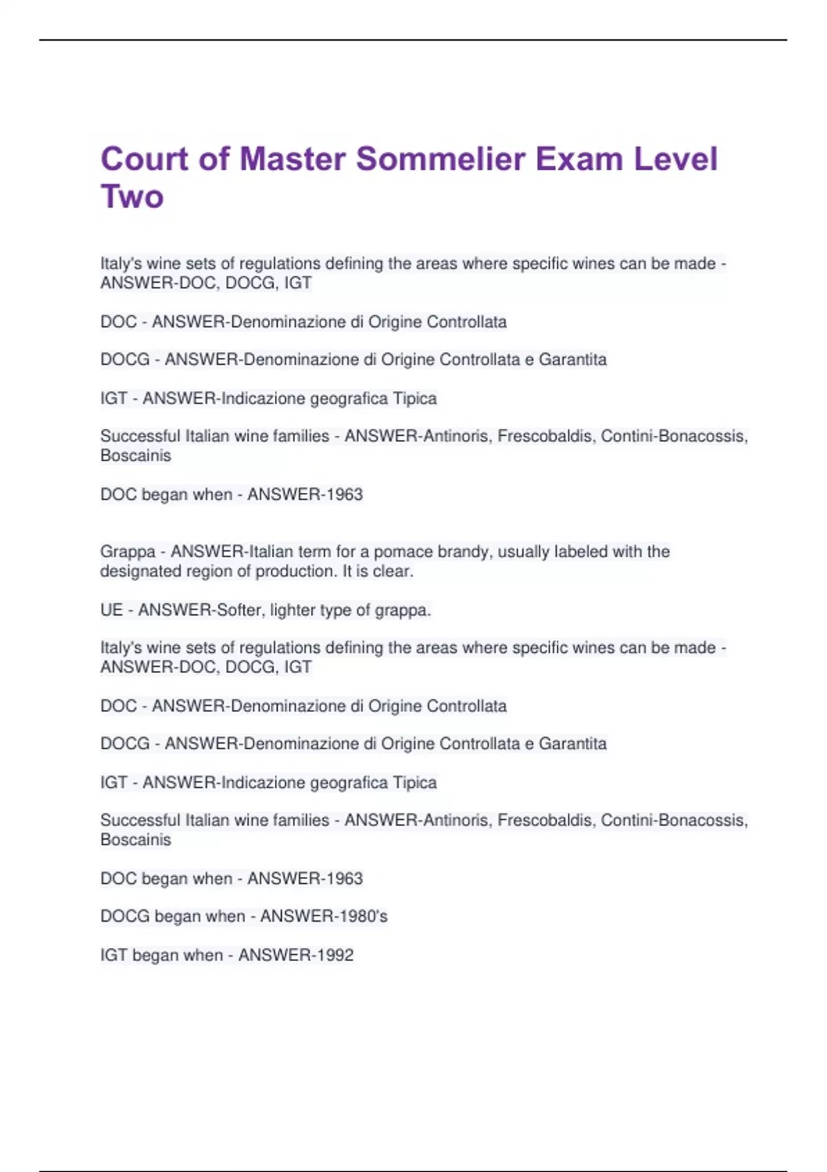 Court of Master Sommelier Exam Level Two Questions and Answers|2025 ...