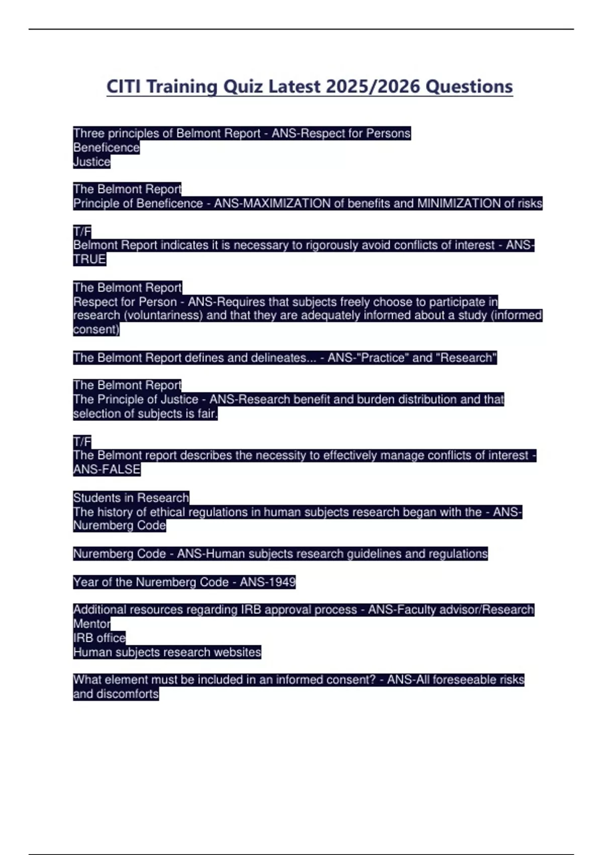 CITI Training Quiz Latest 2025/2026 Questions - BCL - Bachelor of Civil ...