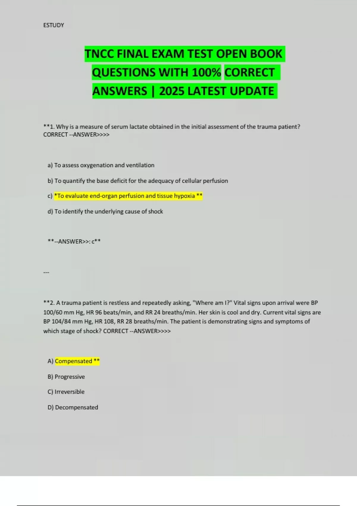 TNCC FINAL EXAM TEST OPEN BOOK QUESTIONS WITH 100% CORRECT ANSWERS ...