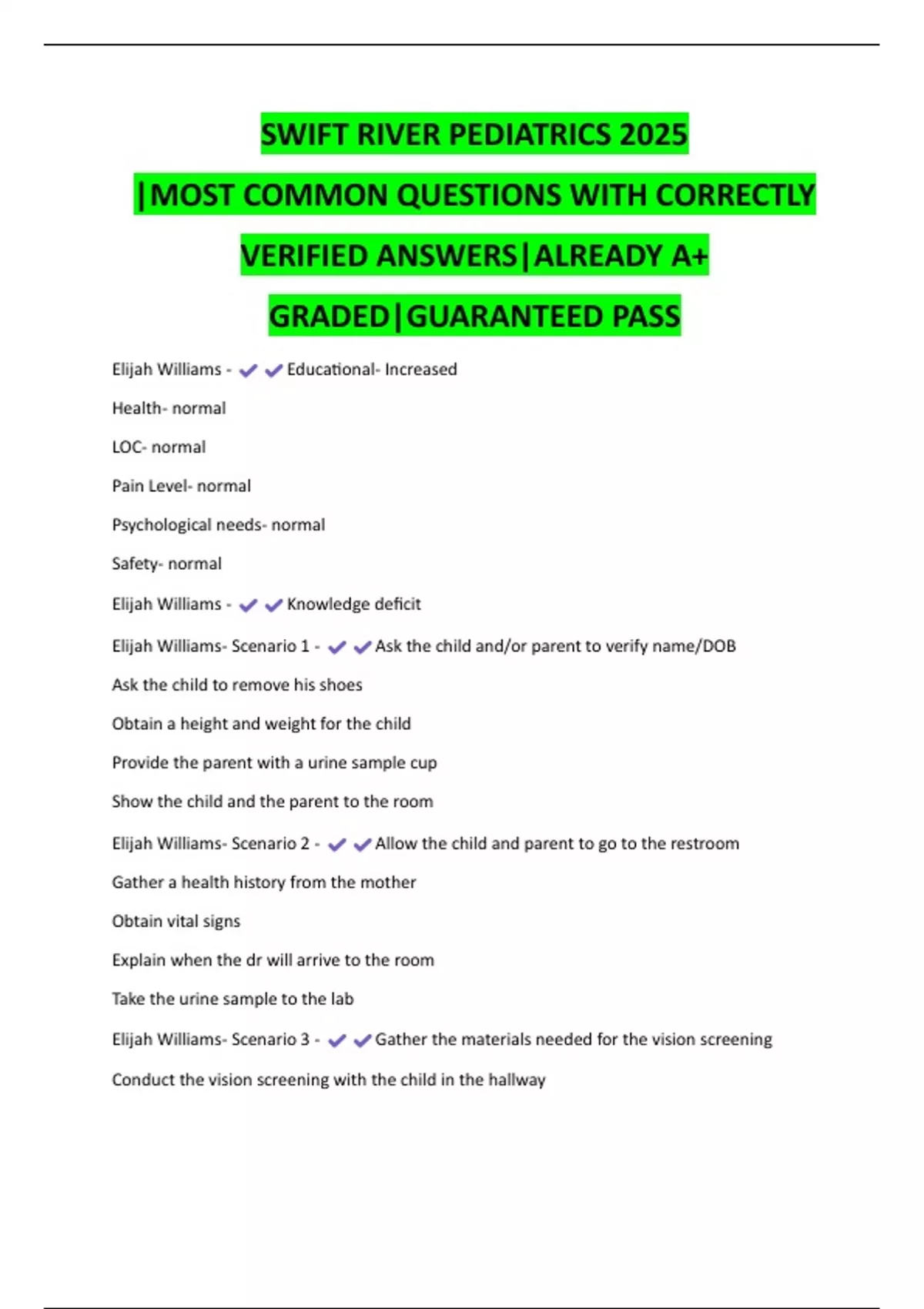 SWIFT RIVER PEDIATRICS 2025 |MOST COMMON QUESTIONS WITH CORRECTLY VERIFIED ANSWERS|ALREADY A+ ...