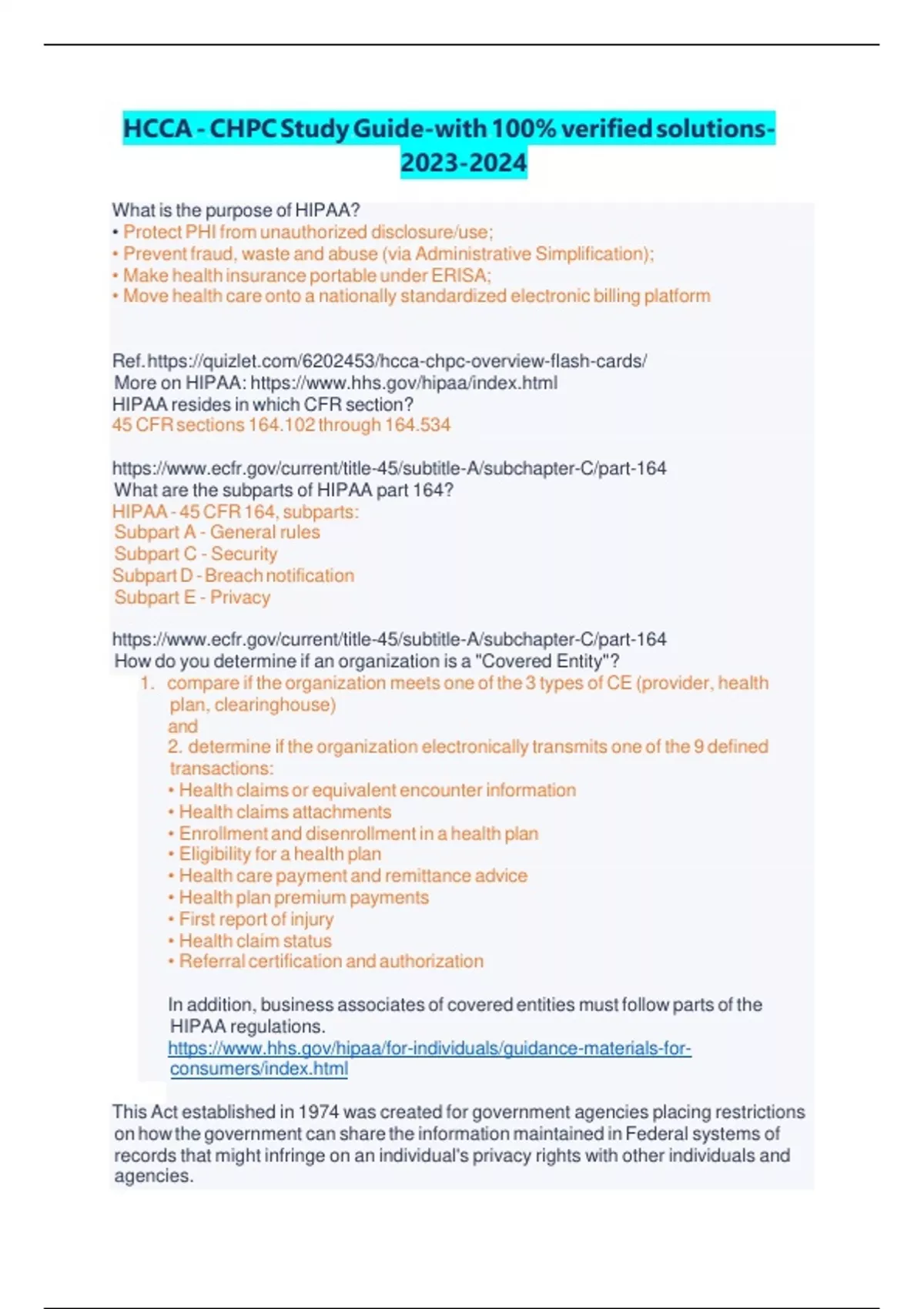 HCCA - CHPC Study Questions (MASTER FLASHCARDS) Updated 2023/ 2024 ...