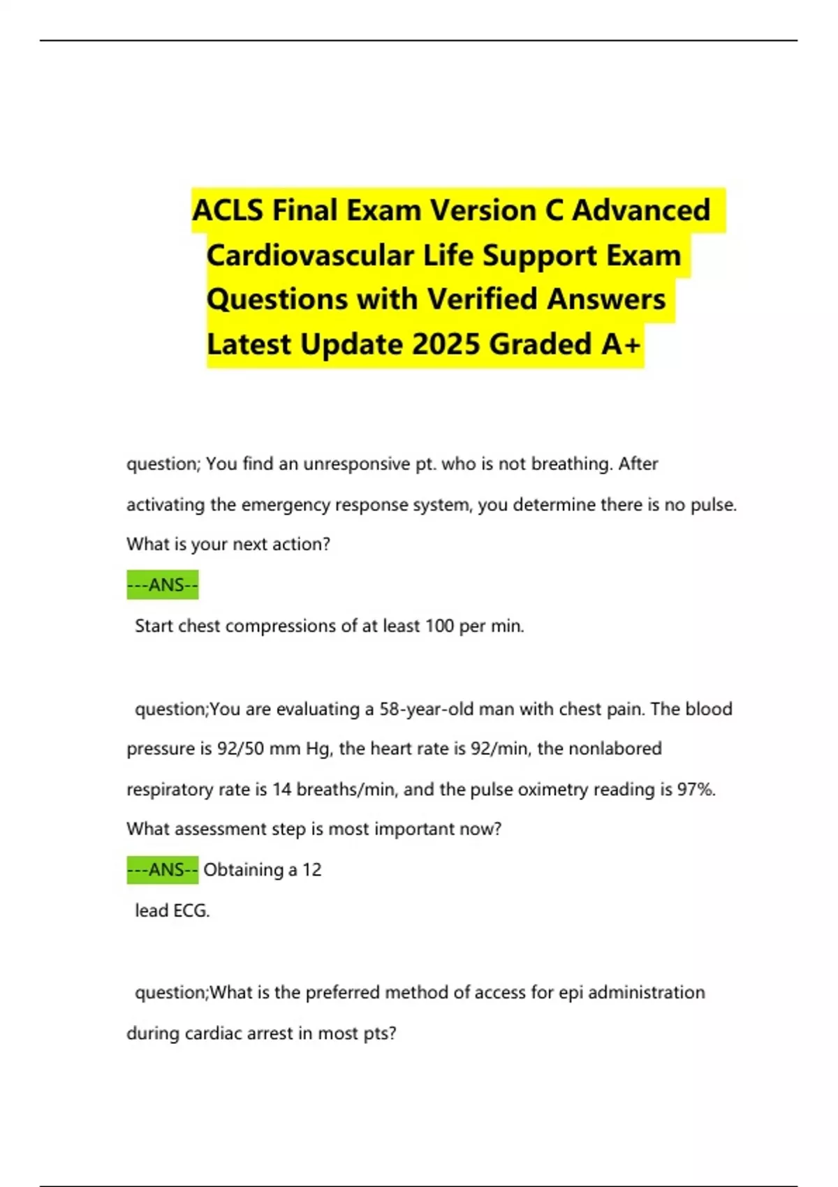 ACLS Final Exam Version C Advanced Cardiovascular Life Support Exam ...