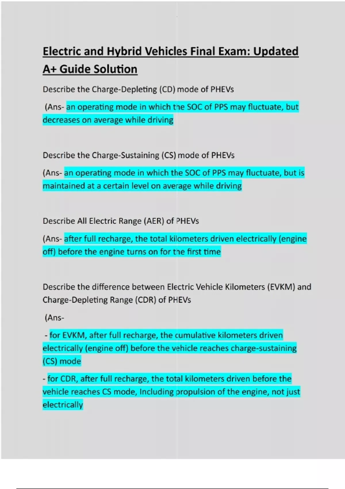 Electric and Hybrid Vehicles Final Exam: Updated A+ Guide Solution ...