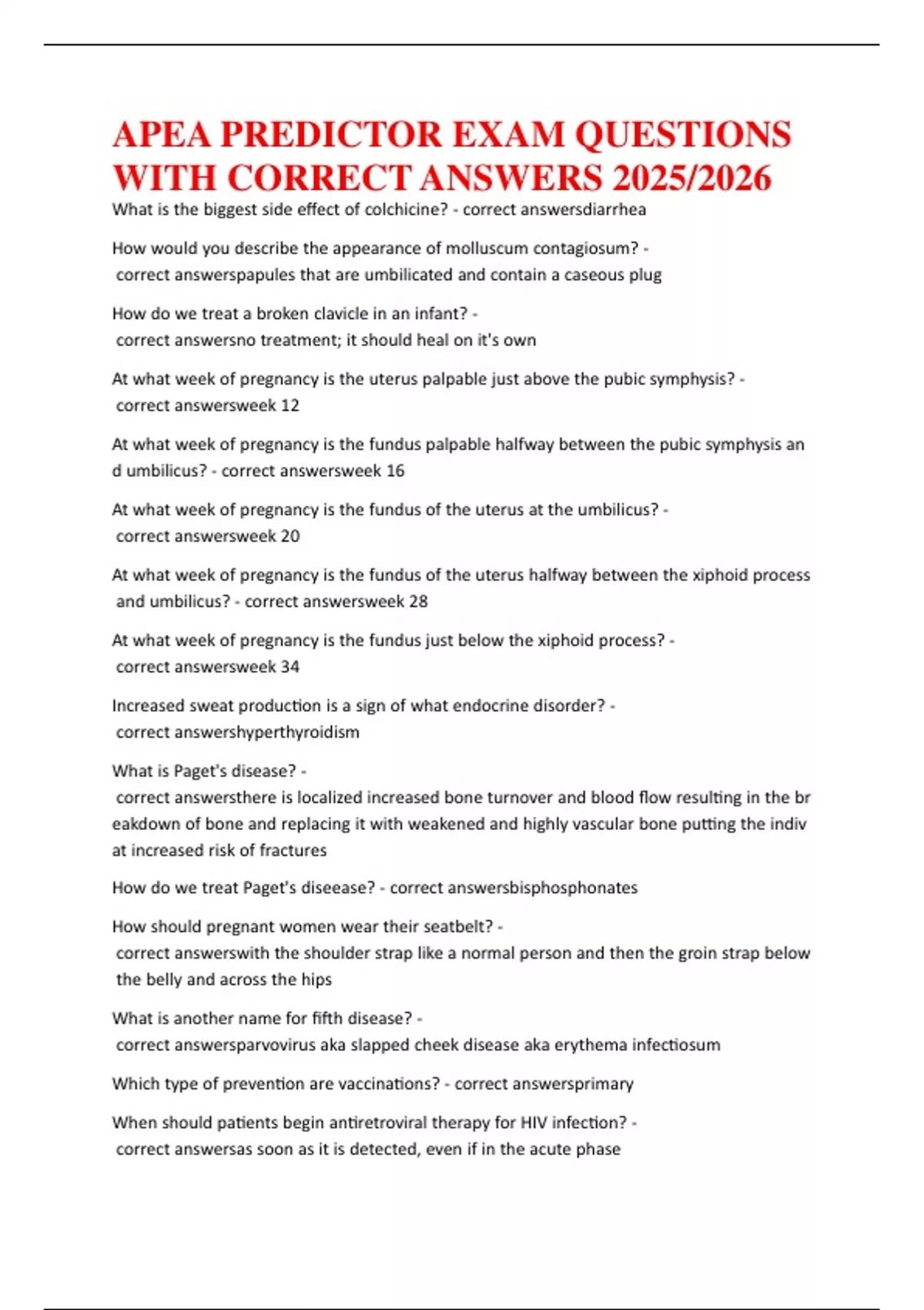 APEA PREDICTOR EXAM QUESTIONS WITH CORRECT ANSWERS 2025 - Peds - Stuvia US
