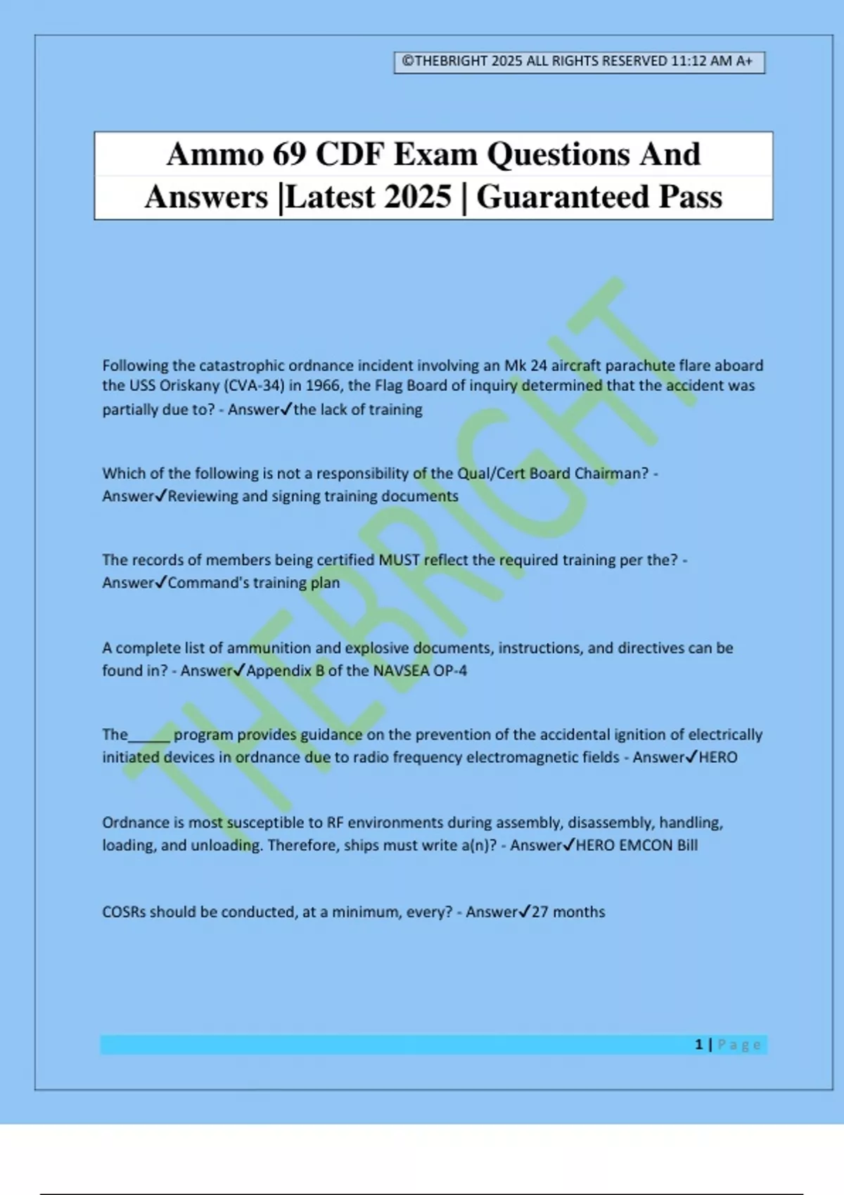 Ammo 69 CDF Exam Questions And Answers |Latest 2025 | Guaranteed Pass ...