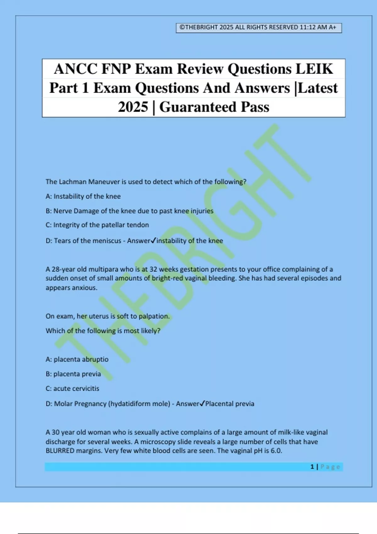 ANCC FNP Exam Review Questions LEIK Part 1 Exam Questions And Answers ...