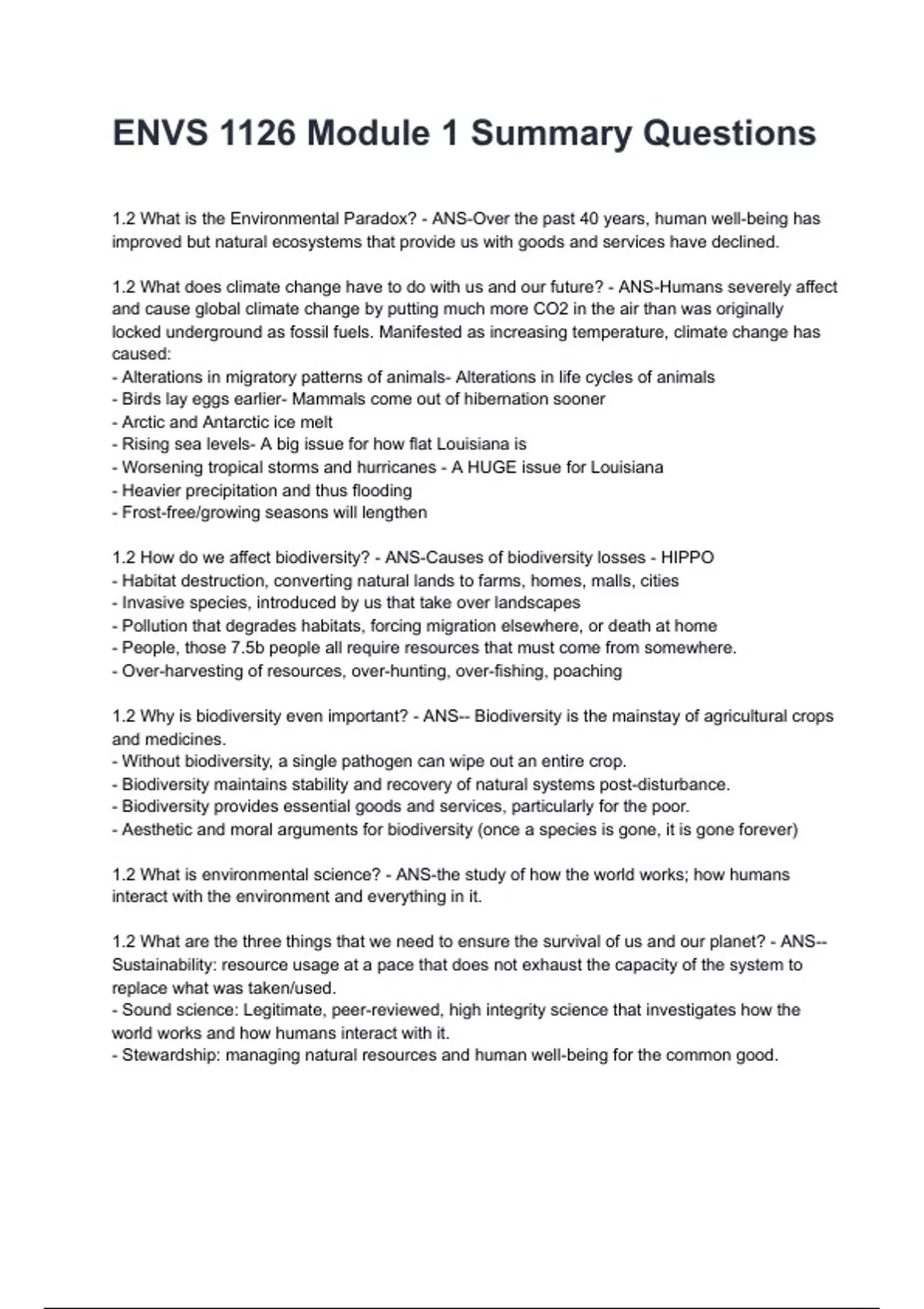 ENVS 1126 Module 1 Summary Questions and answers graded A+ 2025/2026 ...