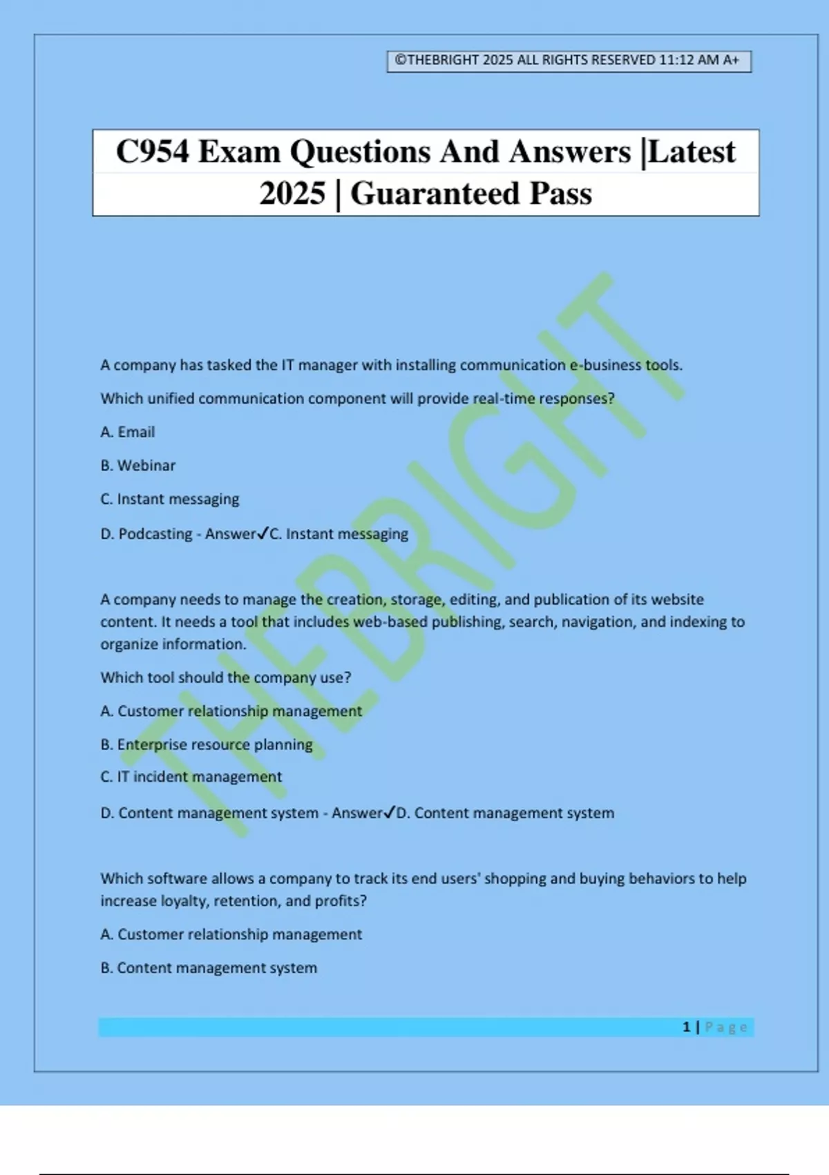 C954 Exam Questions And Answers |Latest 2025 | Guaranteed Pass - C954 ...