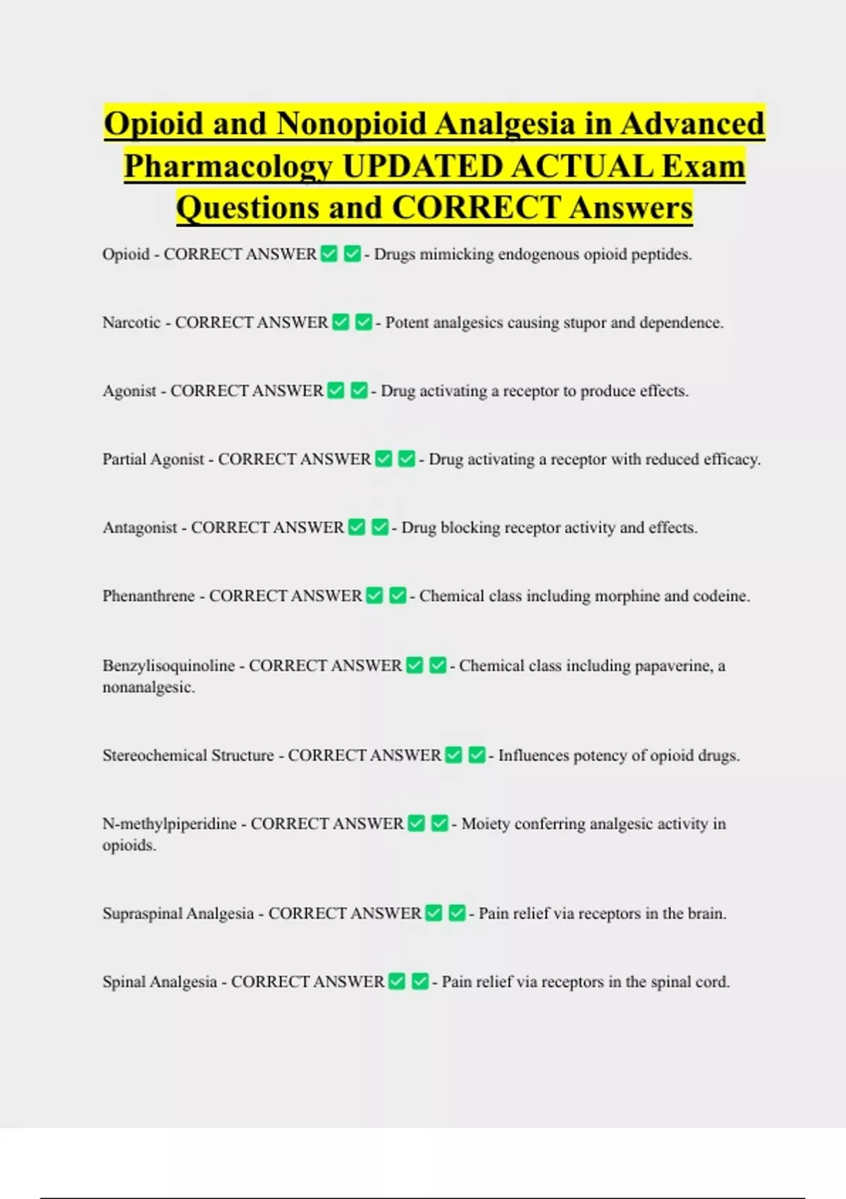 Opioid and Nonopioid Analgesia Bundled Exam Questions WITH CORRECT ...
