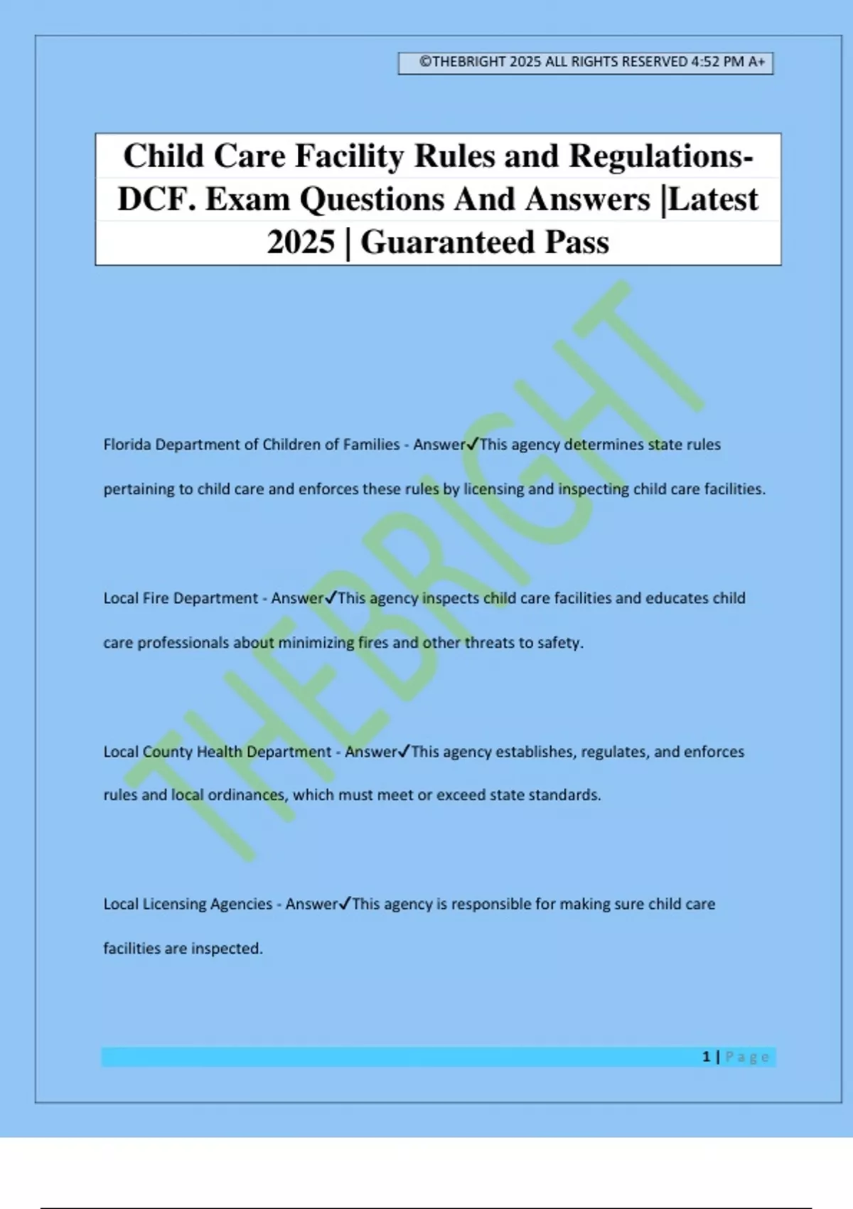 Child Care Facility Rules and Regulations- DCF. Exam Questions And ...
