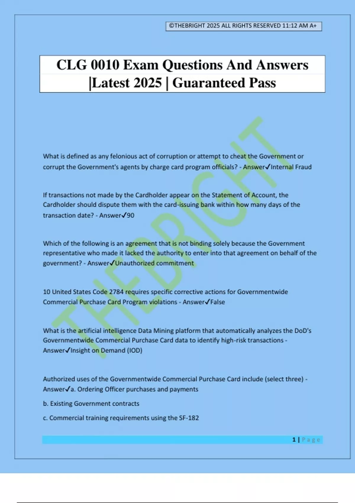 CLG 0010 Exam Questions And Answers |Latest 2025 | Guaranteed Pass ...