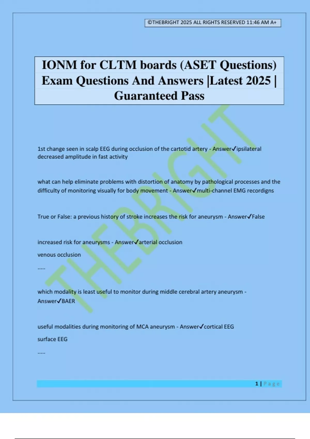 IONM for CLTM boards (ASET Questions) Exam Questions And Answers ...
