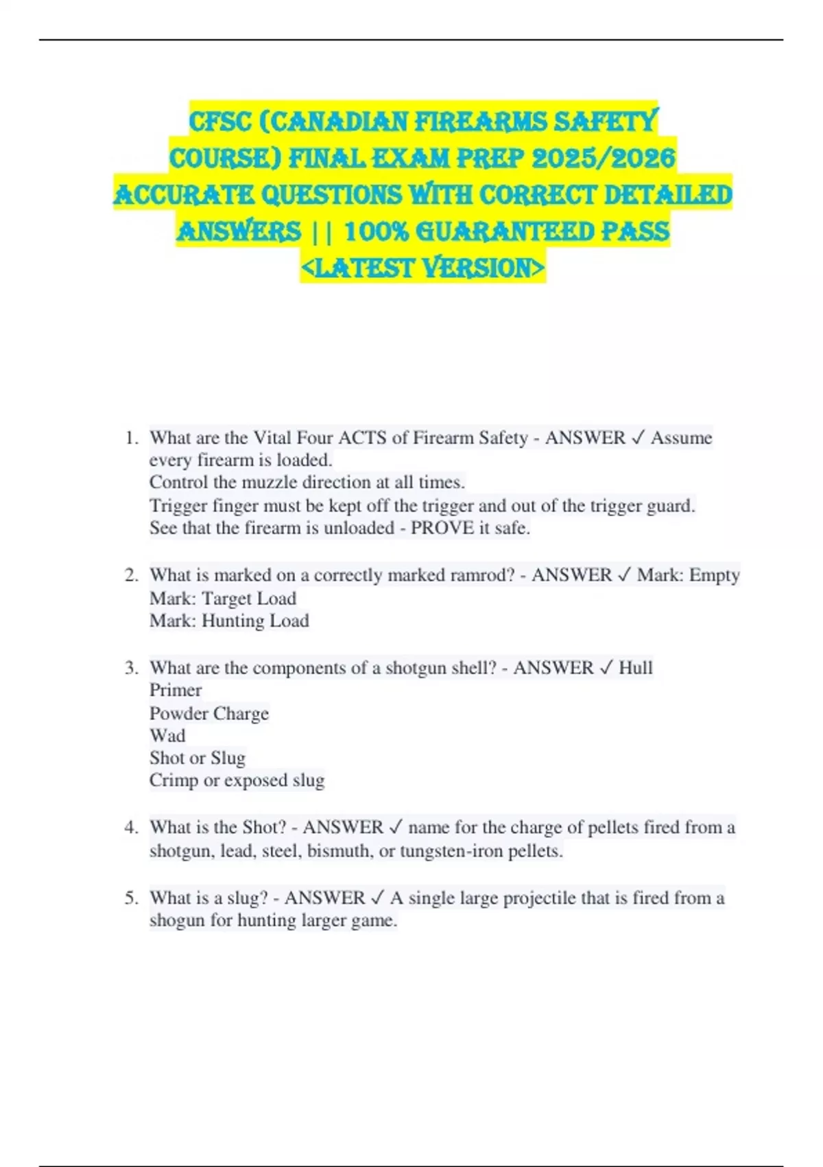 CFSC (Canadian Firearms Safety Course) FINAL EXAM PREP 2025/2026 ...