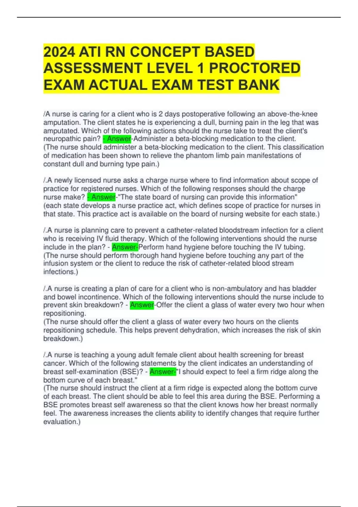 2024 ATI RN CONCEPT BASED ASSESSMENT LEVEL 1 PROCTORED EXAM ACTUAL EXAM ...