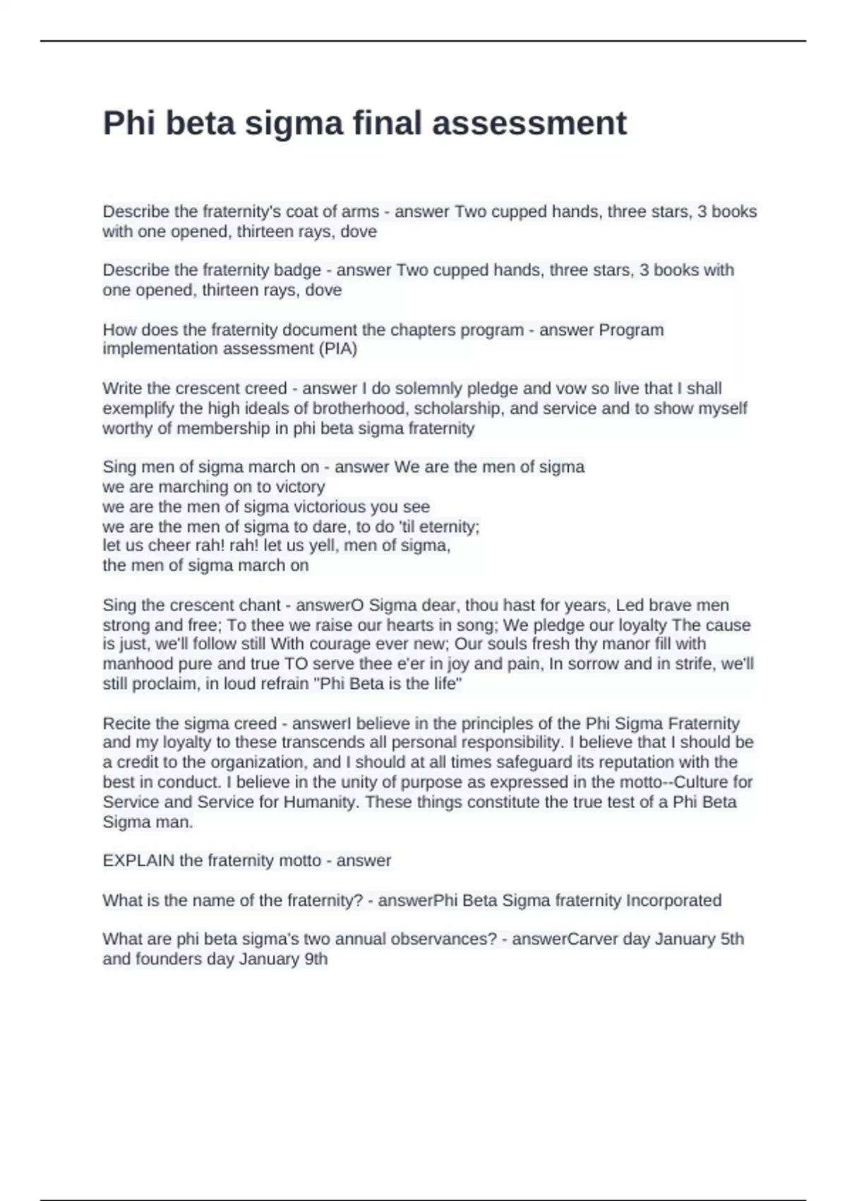 Phi beta sigma final assessment Questions and Answers 100% Correct ...