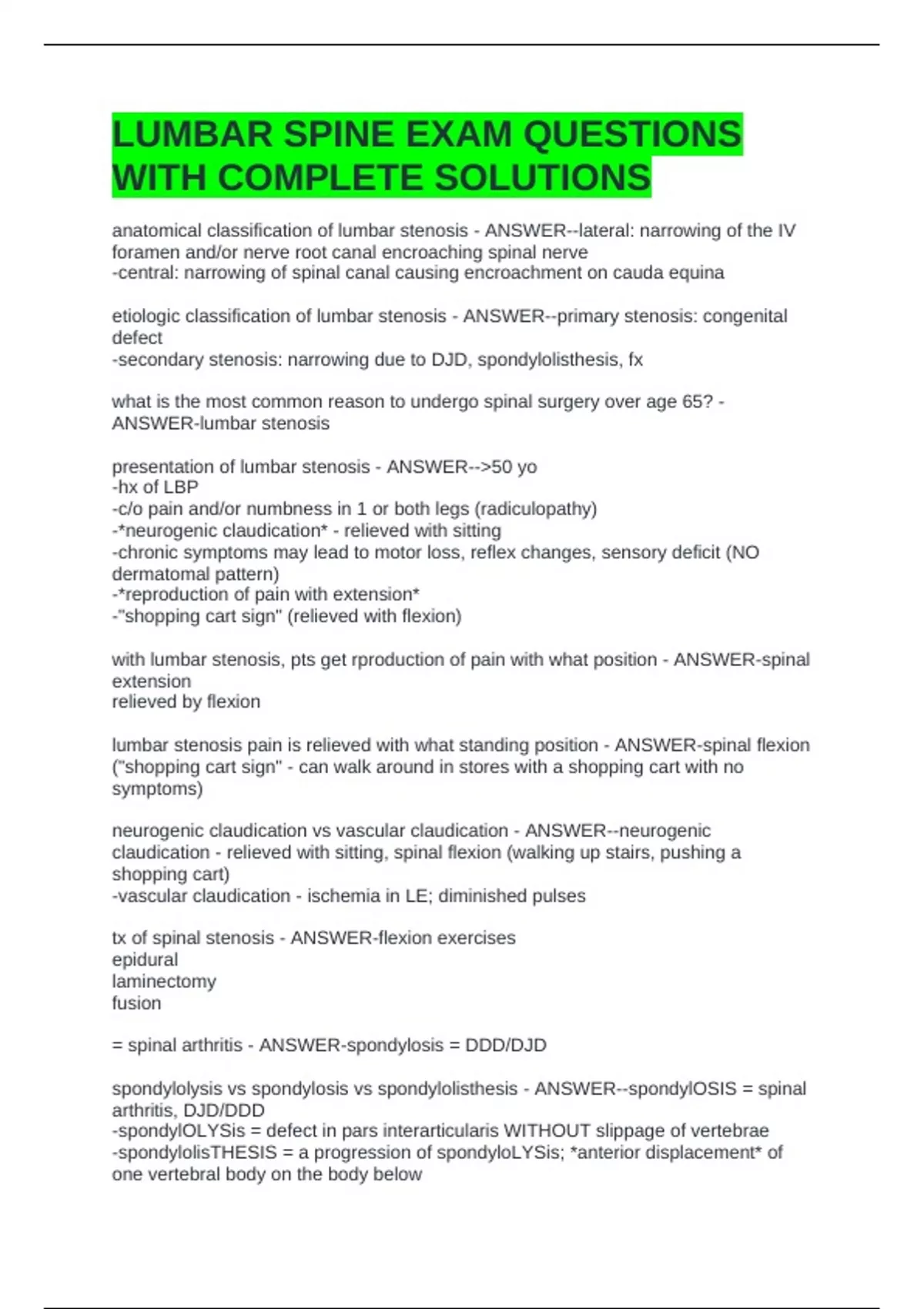 LUMBAR SPINE EXAM QUESTIONS WITH COMPLETE SOLUTIONS - DISC PROLAPSE ...