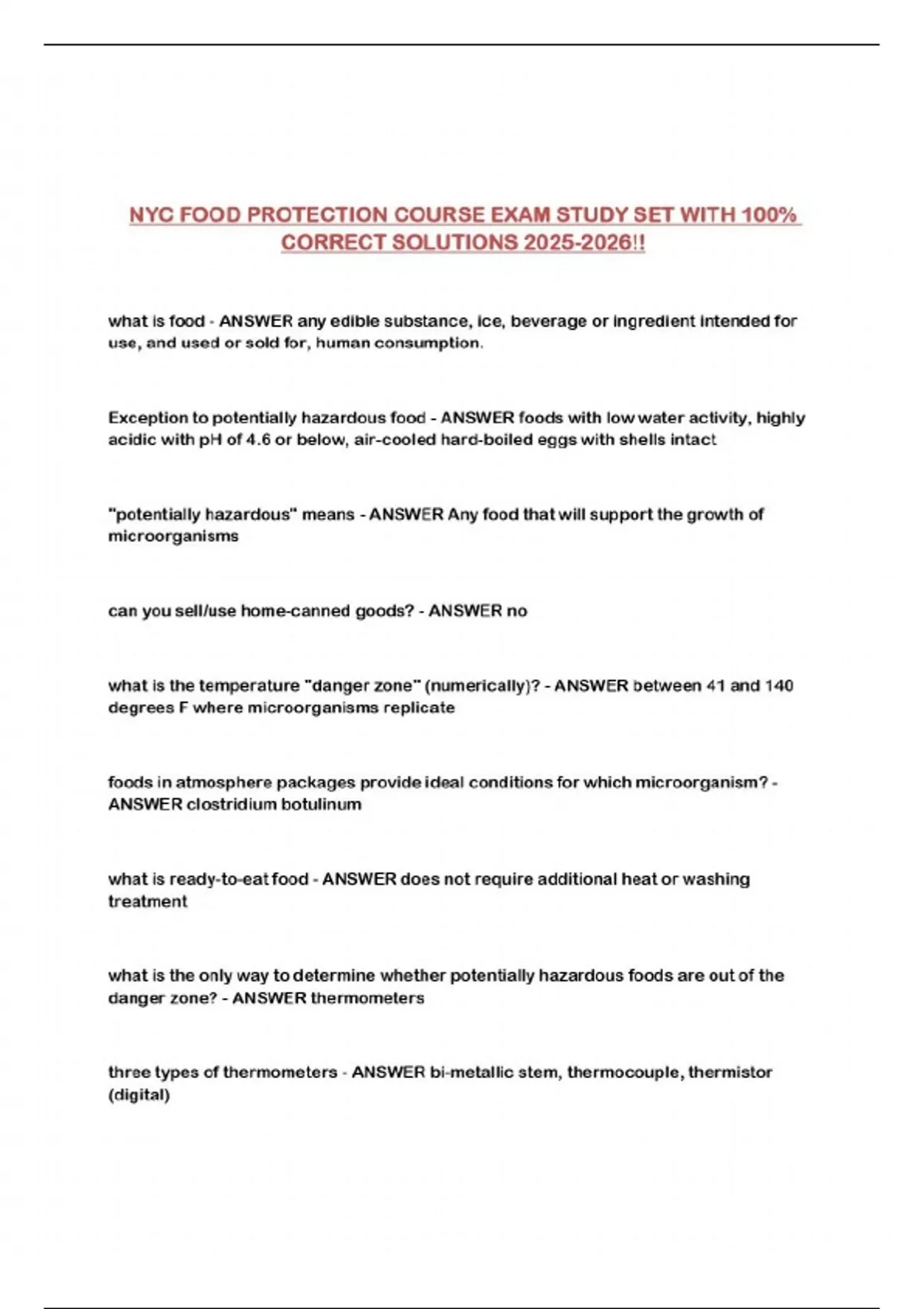 NYC FOOD PROTECTION COURSE EXAM STUDY SET WITH 100% CORRECT SOLUTIONS ...
