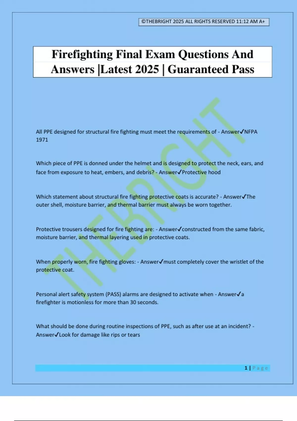 Firefighting Final Exam Questions And Answers |Latest 2025 | Guaranteed ...