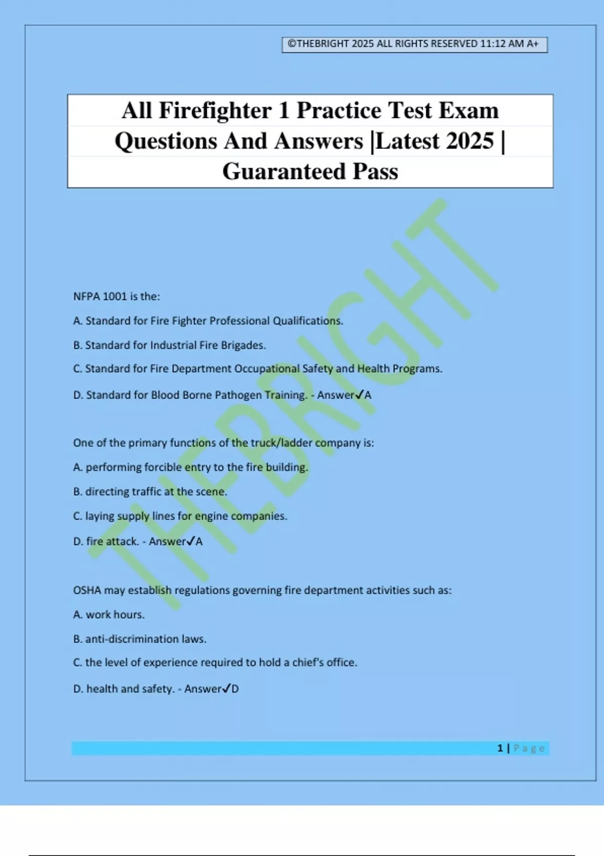 All Firefighter 1 Practice Test Exam Questions And Answers |Latest 2025 ...