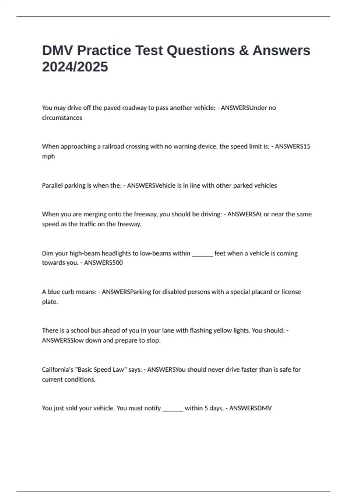 DMV Practice Test Questions & Answers 2024/2025 - DMV Practice - Stuvia US